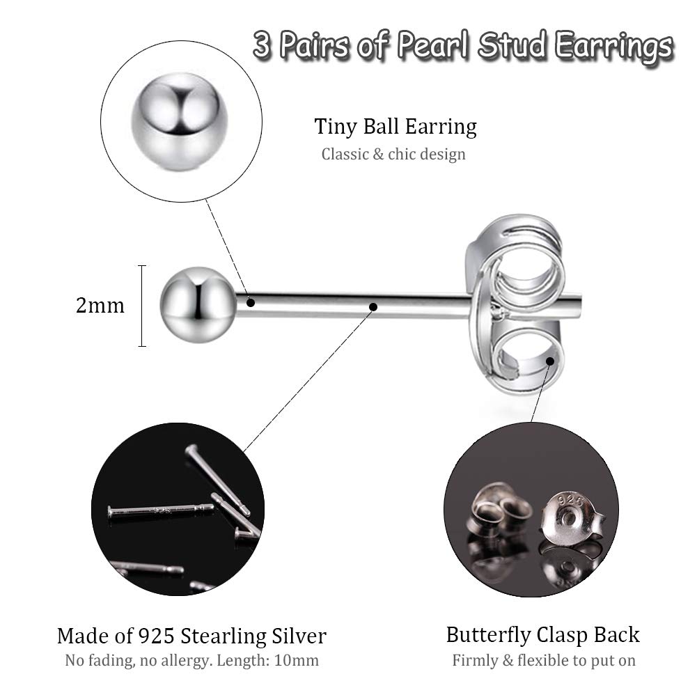 Sterling Silver Stud Earrings for Women Men- 3 Pairs of 2mm Tiny Round Ball Stud Earrings Set Cartilage Small Tragus Earrings Nose Lip Rings, Silver