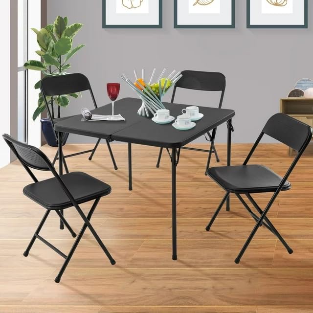 Thcbme 5 Piece Resin Card Table and Four Chairs Set, Black