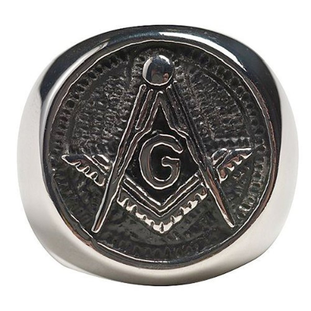 Round Chiseled Stainless Steel Freemason Ring/Masonic Ring with Black Stone & CZ. Freemason's Jewelry Masonic Rings Free Masonry Member. Free Masons Masonary Ring with Masonic symbol emblem (13)