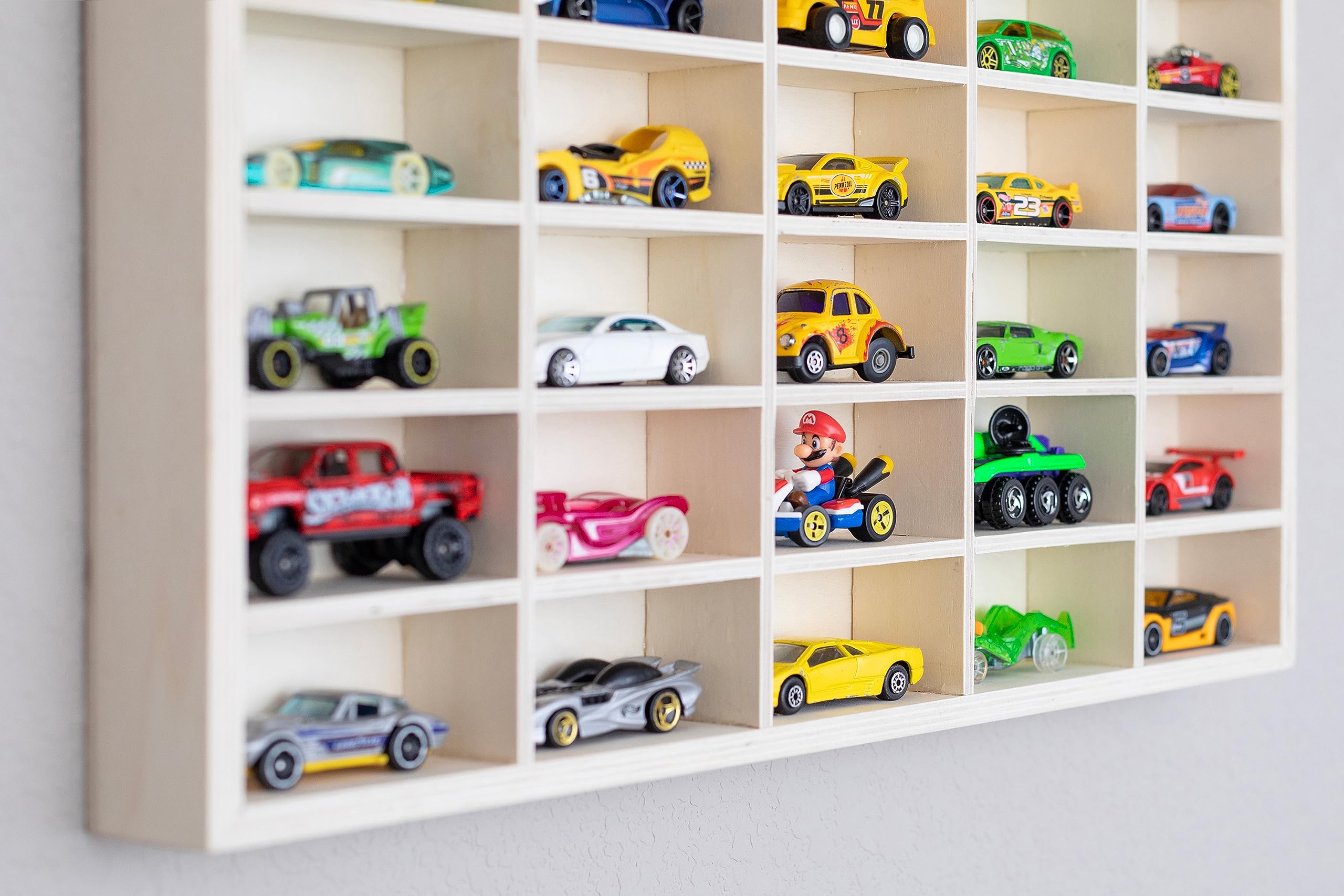 Rustic Roots Car Display Shelf - Wooden Wall Mount Hot Wheels, Matchbox, and Diecast Case for 50 Cars