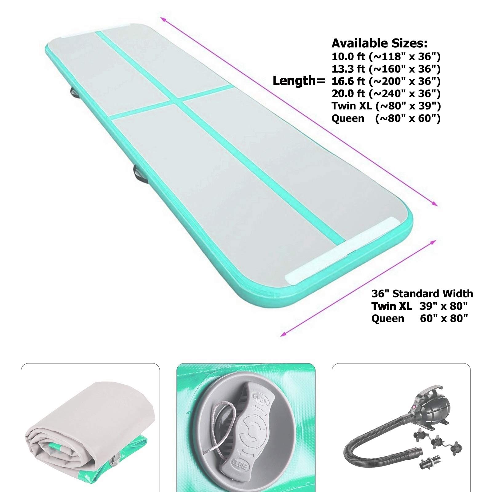 Twin-XL Mattress Size 80" x 39" x 4" Personal Exercise Yoga Pilates Mat w/ Mint-Green Trim Air Inflatable Judo Training Cushion Track Foam