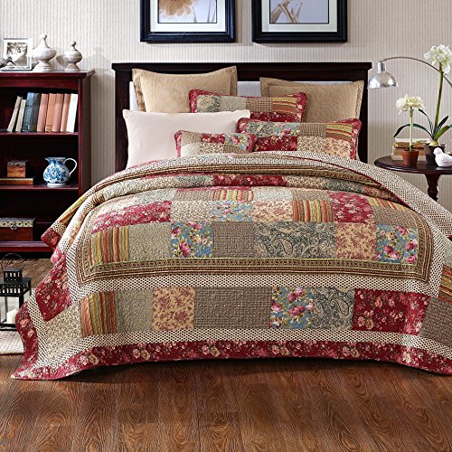Tache Cotton Patchwork Country Farm Cottage Vintage Antique Ditsy Floral Paisley Burgundy Beige Lightweight Coverlet Fairy Tale Tea Party Quilt Set, California King