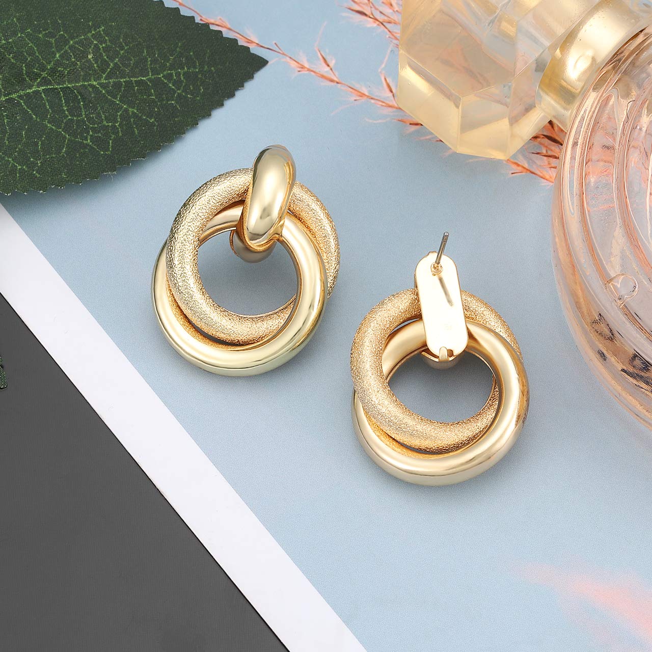Twisted Earrings Round Double Circle Stud Earrings Statement Chunky Polished Drop Hoop Earrings for Women(gold)
