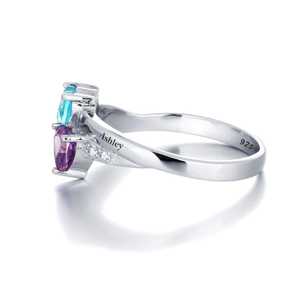 Personalized Promise Rings for Her Mother Rings with 2 Simulated Birthstones Custom Couples Name Ring for Women (silver, 7)