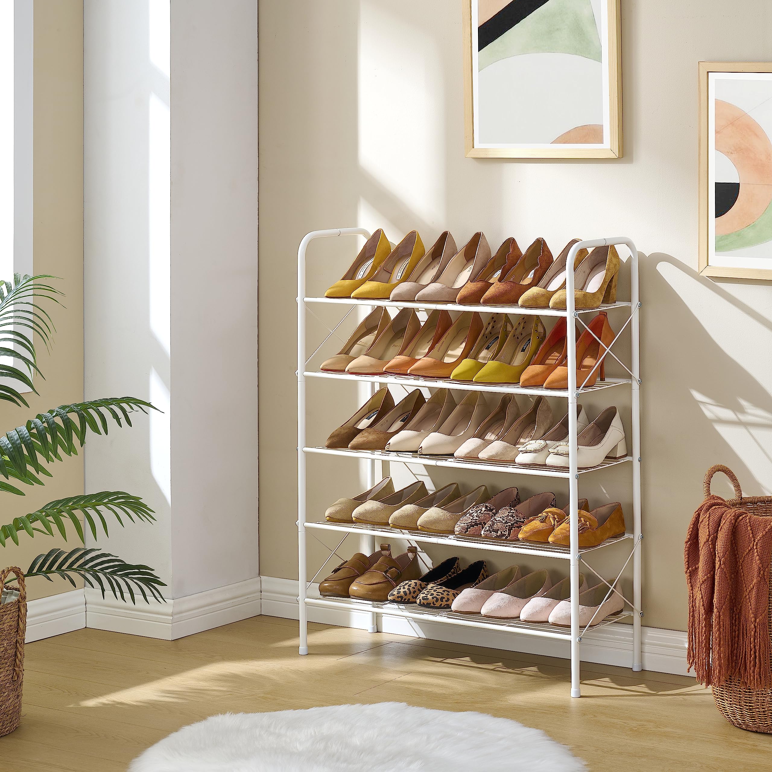 Tajsoon 5-Tier Freestanding Shoe Rack Organizer, Adjustable & Expandable Shoe Storage Shelf for Entryway, Metal Wire Grid with X Shape Fixed Frame, White