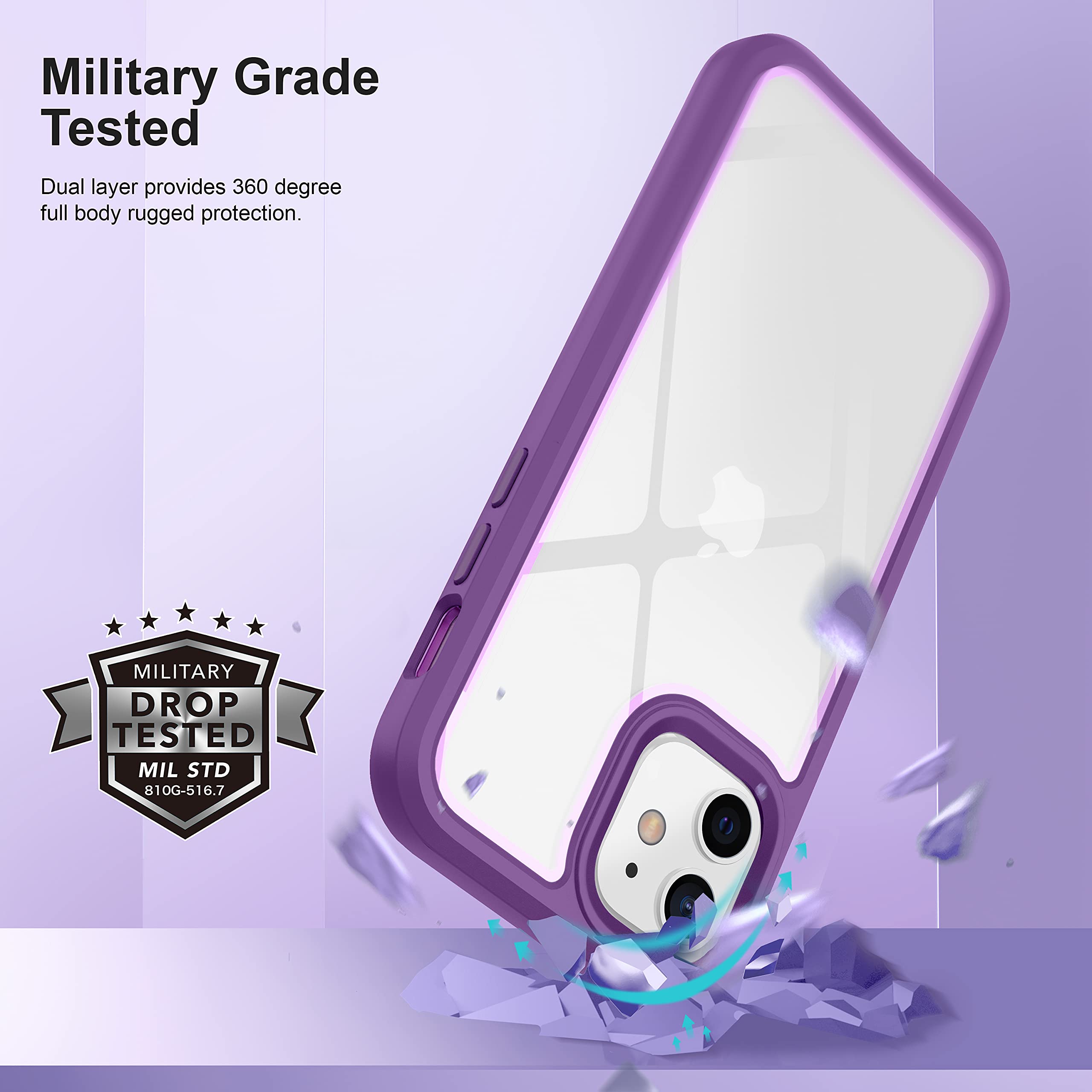 YOUMAKER [2021 Upgraded] Aegis Series for iPhone 12 Case & iPhone 12 Pro Case, Full-Body with Built-in Screen Protector Rugged Clear Case for iPhone 12/12 Pro Case 6.1 Inch - Purple
