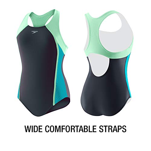 Speedo Girl's Swimsuit One Piece Mesh Splice Thick Strap , Cyan, 16