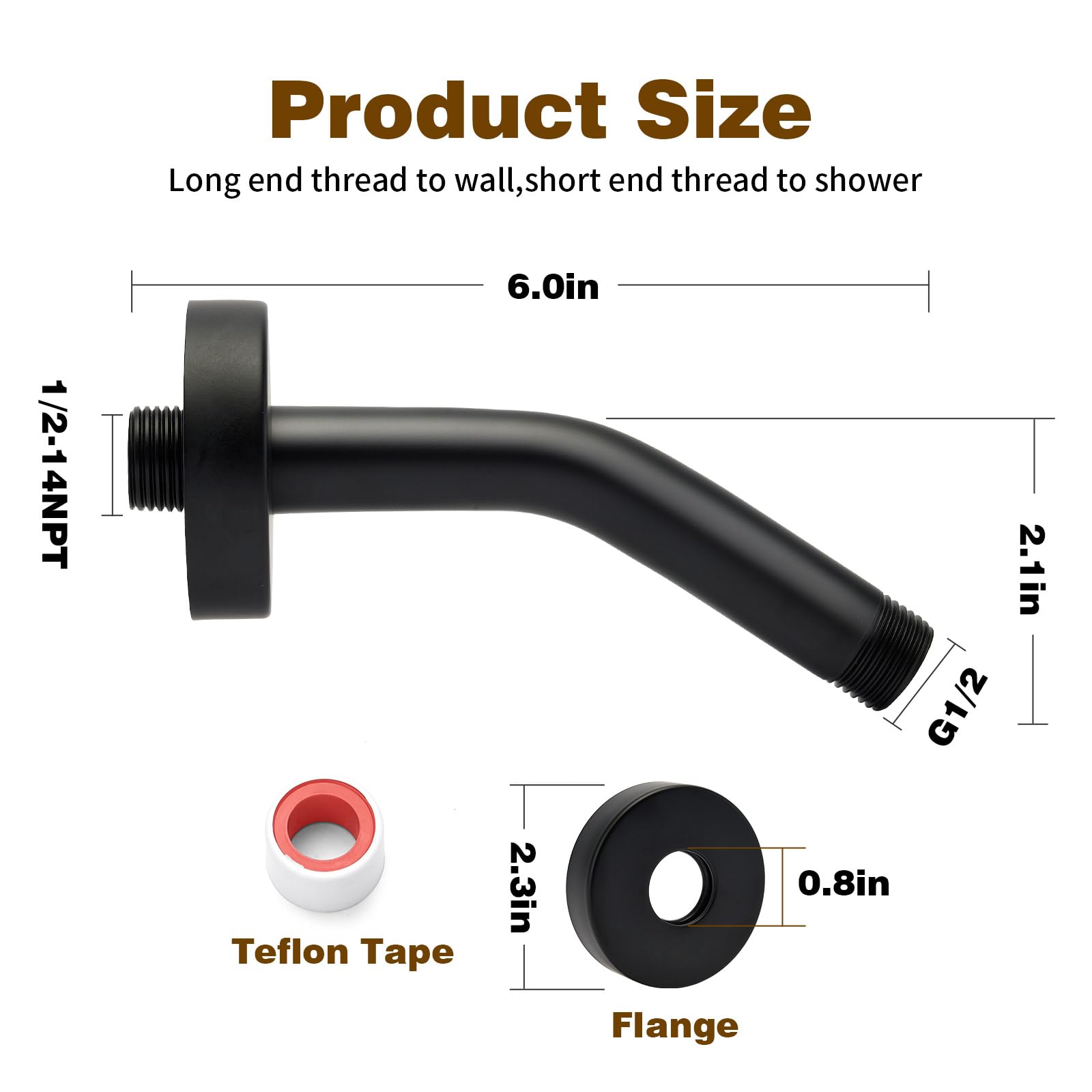 Shower Arm with Flange and Teflon Tape,304 Stainless Steel Shower Head Extension Pipe Arm for Wall-Mounted For Fixed Shower Head & Handheld Showerhead Never Rust(6 Inch,Matte Black)