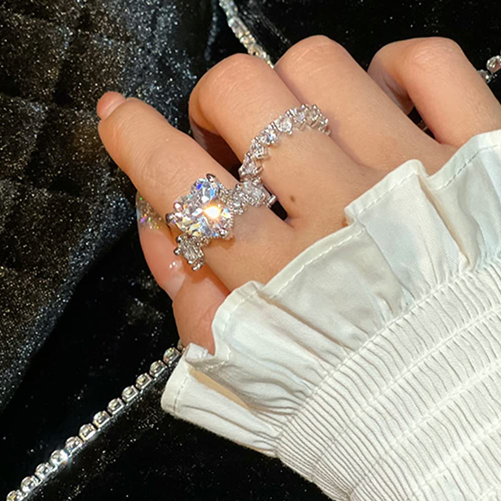 Wiwpar Fashion Heart Rhinestone Rings Set for Women 2PCS Stackable Ring Sparkly Heart Rhinestone Ring