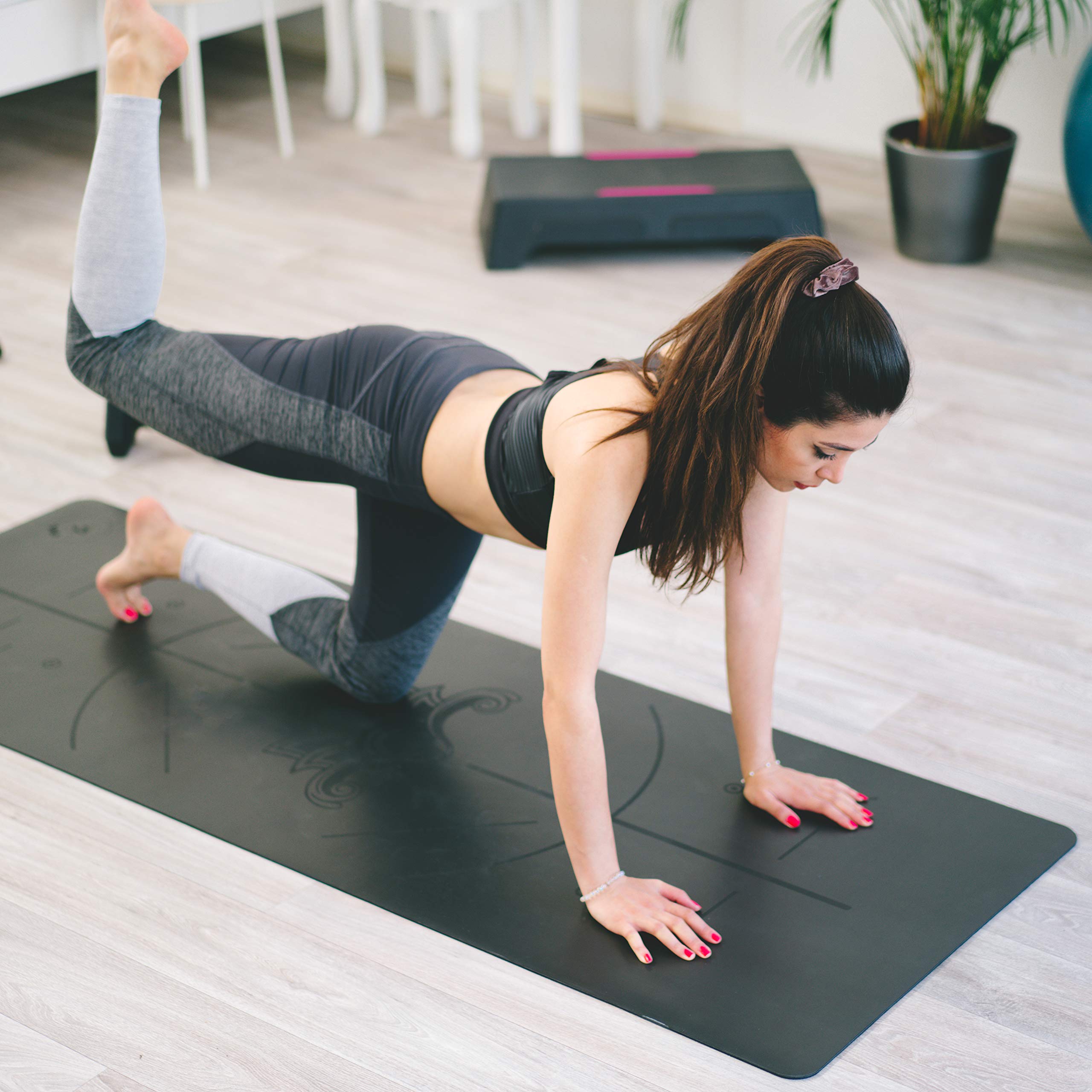 Yoga Mat 5mm Thick BE Premium Yoga Exercise Mat with Carry Strap, ARC Alignment Dry Grip Pro Technology - Moisture Wicking 100% Polyurethane Leather Top and Non-Slip Rubber Bottom for Hot Yoga,