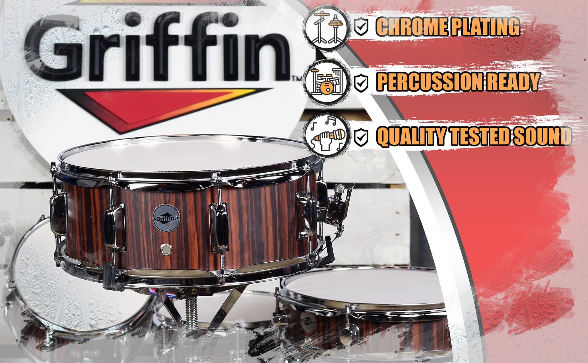 Snare Drum by GRIFFIN | 14" x 5.5" Black Hickory PVC & Coated Head on Poplar Wood Shell | Acoustic Marching Percussion Instrument Set, Drummers Key, 8 Metal Tuning Lugs & Snare Strainer Throw Off Kit