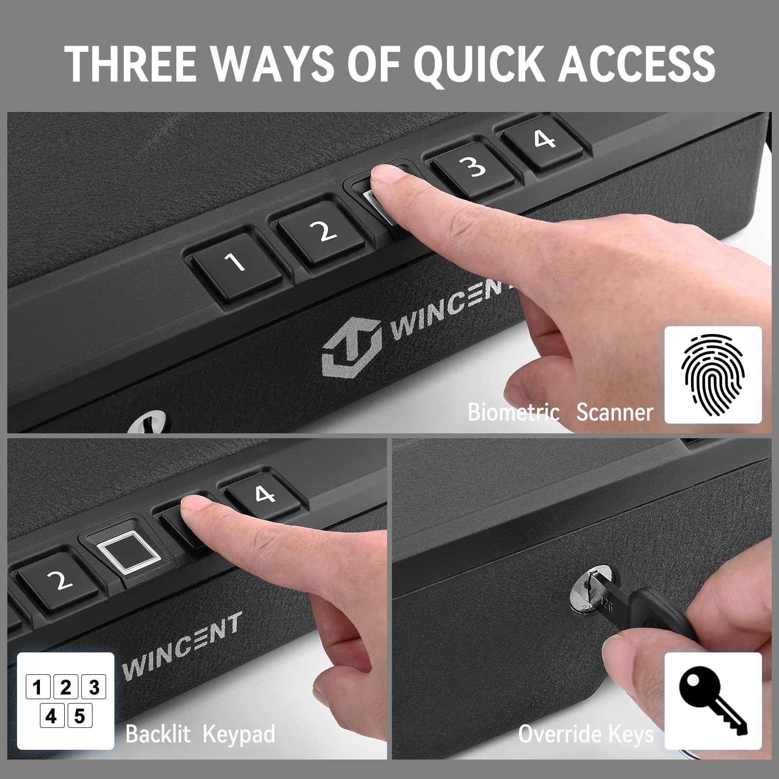 WINCENT Biometric Gun Safe, Quick Access Gun Safes for Pistols -Two Guns Capacity Pistol Safe | Fingerprint & Keypad Firearm Gun Safe Lock Box with Auto Open Lid & LED Light
