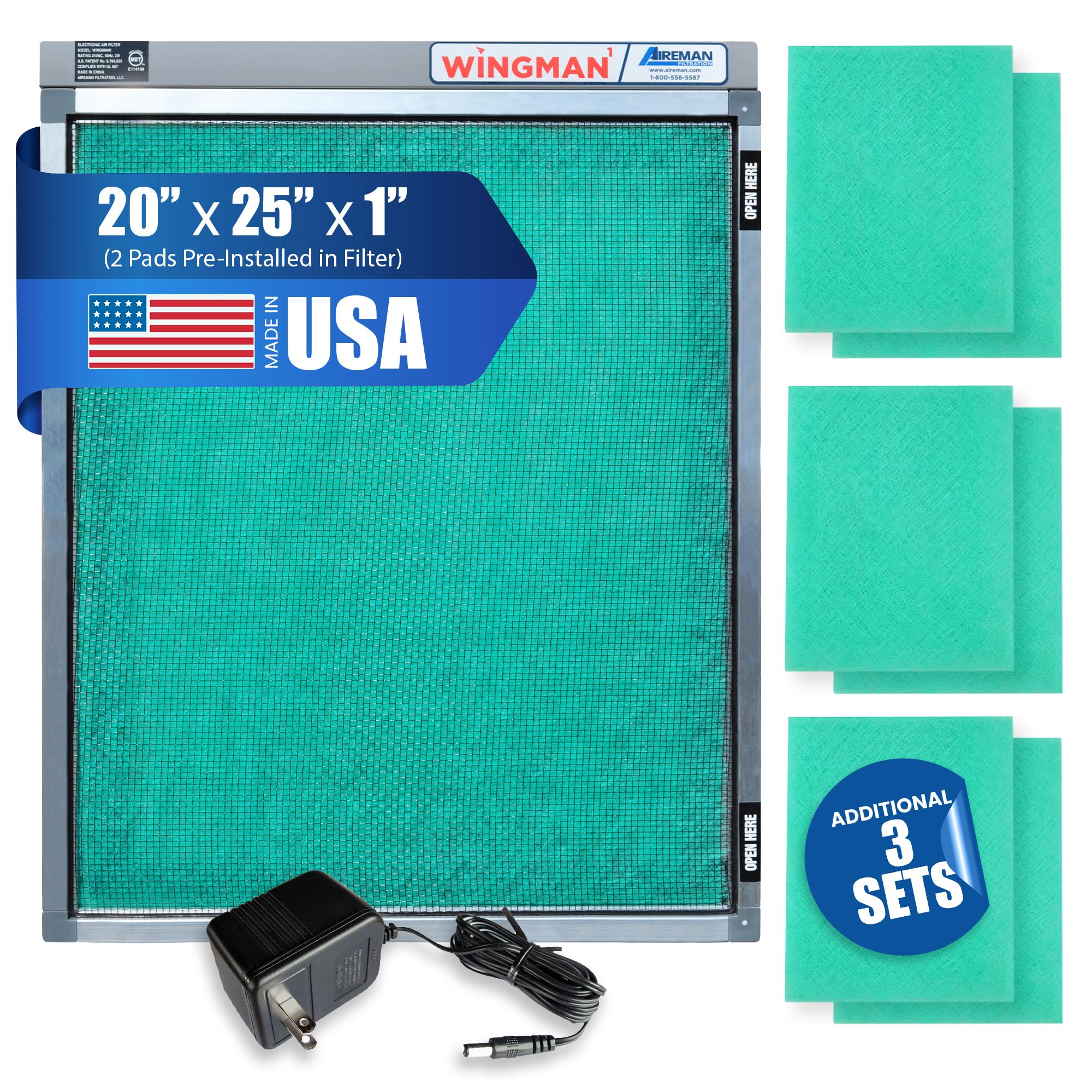 Wingman1 Electronic Air Filter with 1-Yr Supply of Air Purifier Pads - HVAC, Heater, Air Return, Furnace Filters for House - Air Conditioner Replacement Filters - Easy Homeowner Installed - 20x25x1