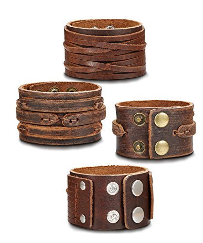 THUNARAZ 2PCS Leather Cuff Bracelet Wrap Wristband Button Bangle for Men Women Adjustable Wide Brown Belt Punk Bracelet
