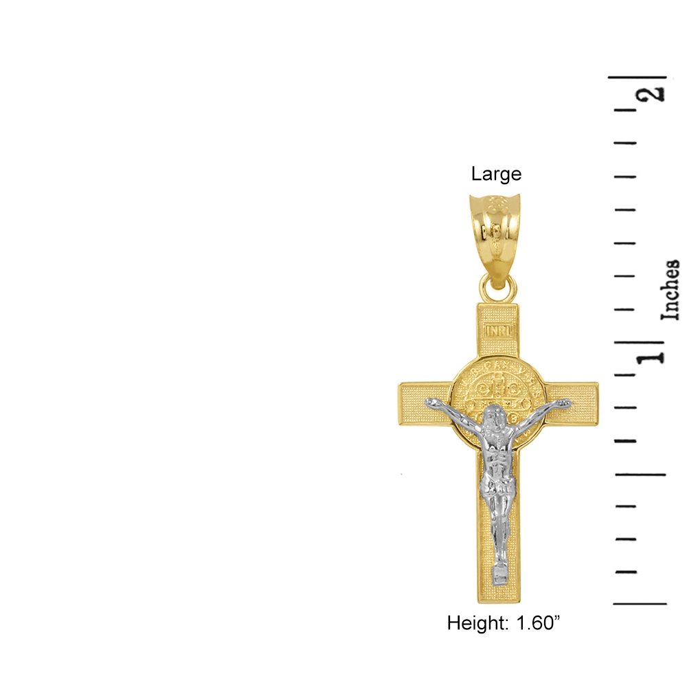 Solid 14k Two-Tone Gold St. Benedict Crucifix Cross Charm Pendant (1.60")