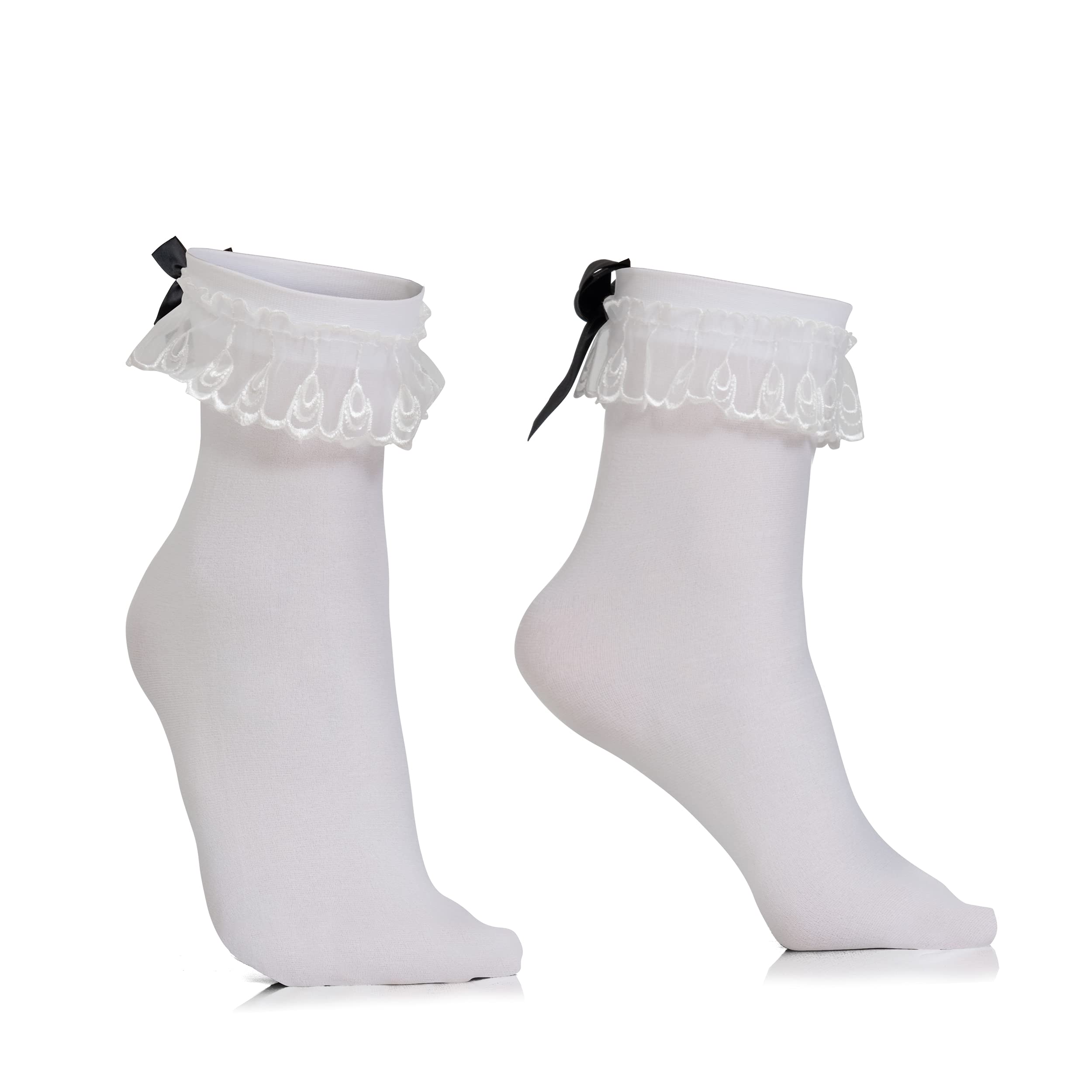 Skeleteen White Ruffled Anklet Socks - Frilly White Opaque Lace Ruffles Top Trim Bobby Sock With Black Satin Back Bow