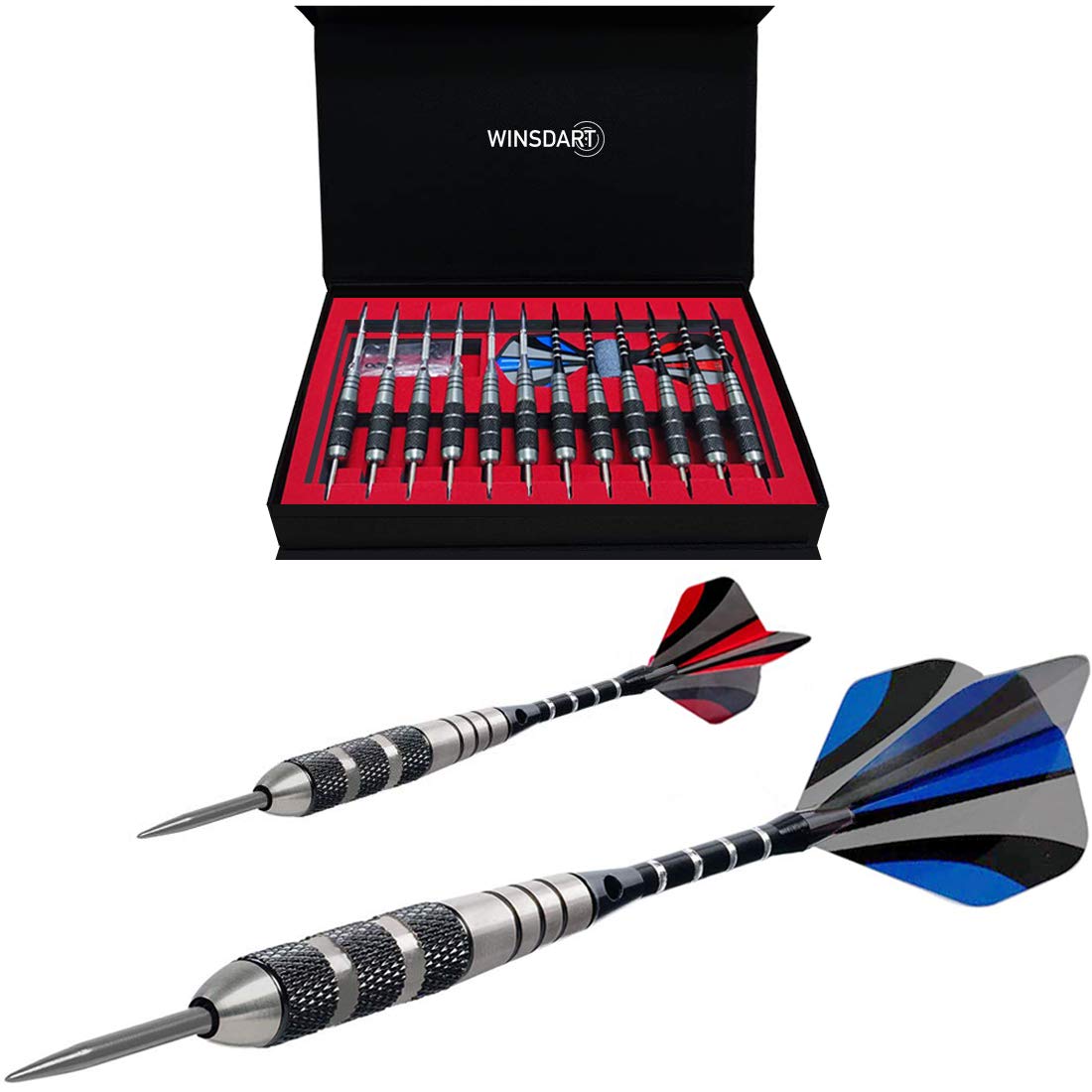 WINSDART Steel Tip Darts Set, 12 Pack Professional Metal Darts for Dartboard with Nonslip Dart Shafts, 2 Style Flights, Darts Sharpener and Gift Case