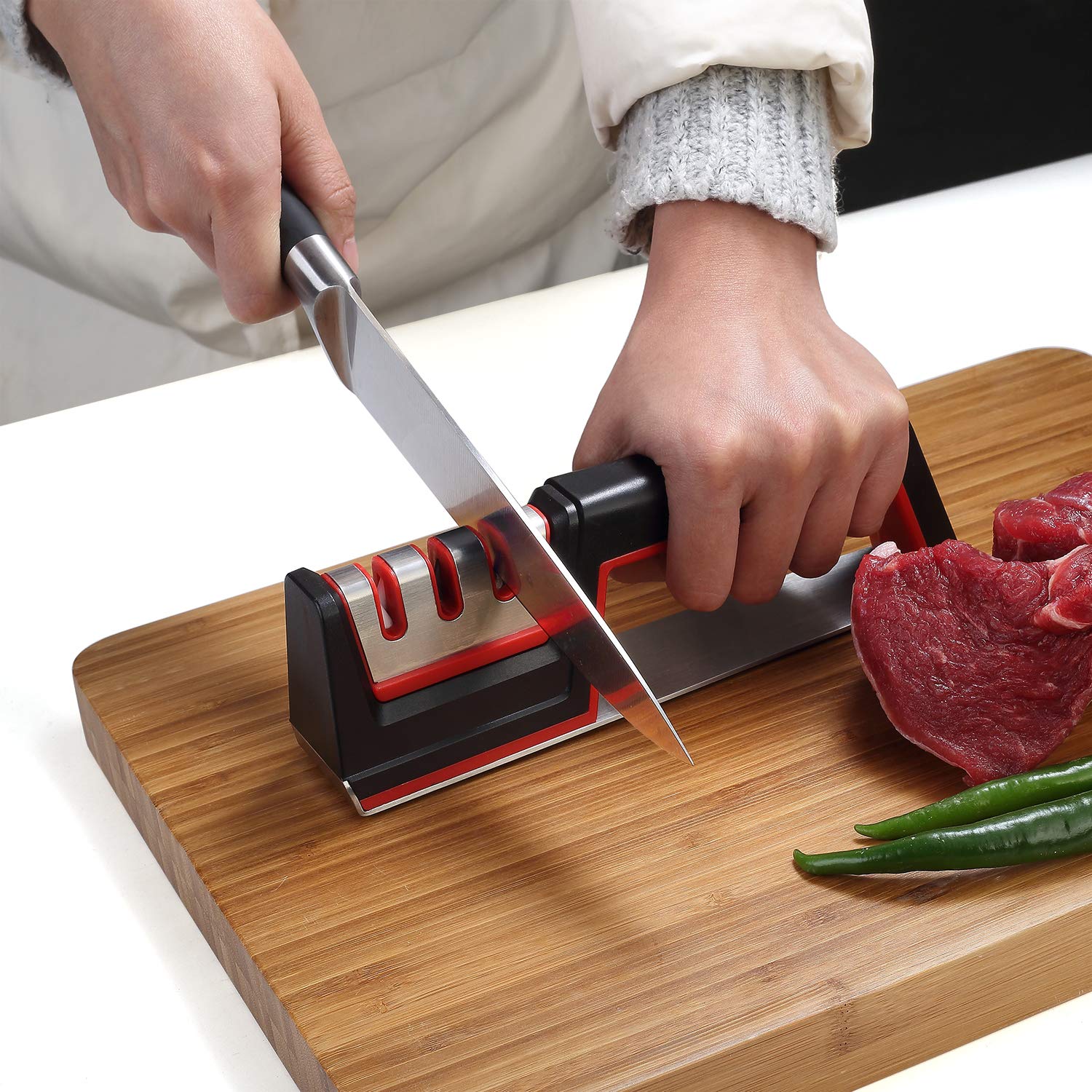 To encounter Knife Sharpener Professional 3-Stage Kitchen Knife Sharpening Tool - Restore and Polish Blades Quickly, 2-Stage Mini Outdoor Pocket Sharpener Included
