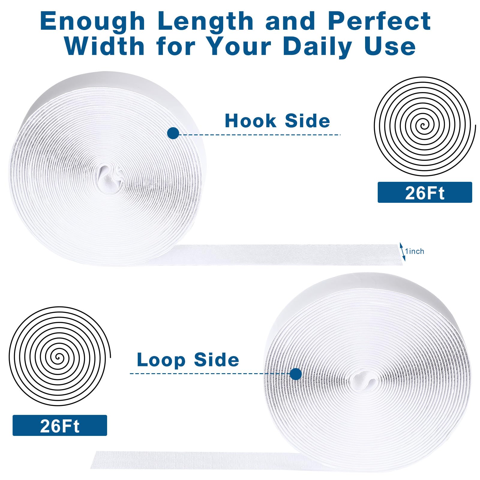 Qeeenar 10 Rolls 1 Inch x 260 ft Hook and Loop Tape Self Adhesive Strips with Adhesive Heavy Duty Double Sided Hook Loop Fastener Roll for Home Office School and Crafting Organization (White)