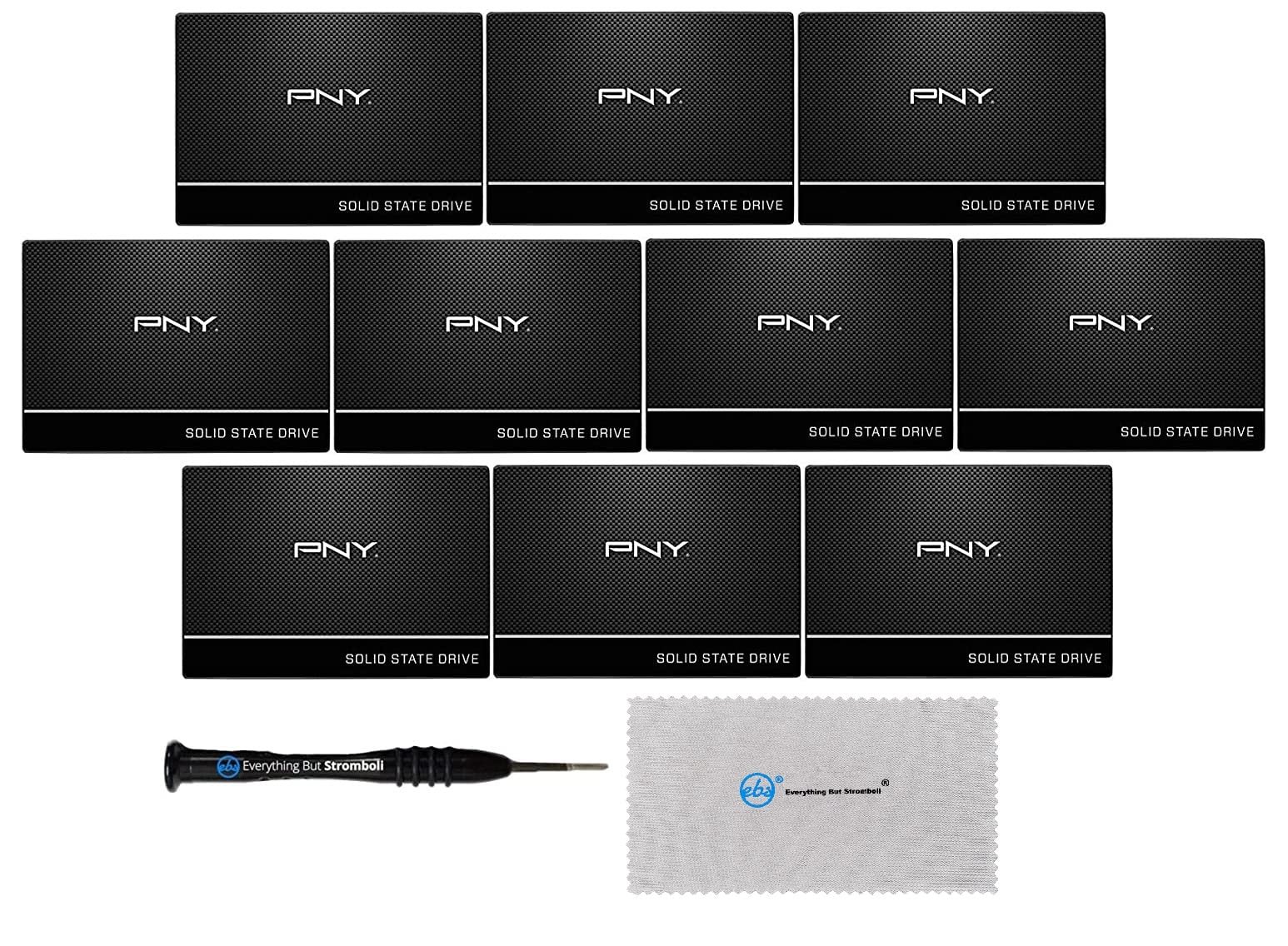 PNY CS900 240GB 2.5” Sata III Internal Solid State Drive (SSD) Ten Pack (SSD7CS900-240-RB) Bundle with (1) Everything But Stromboli Magnetic Screwdriver and (1) Microfiber Cloth