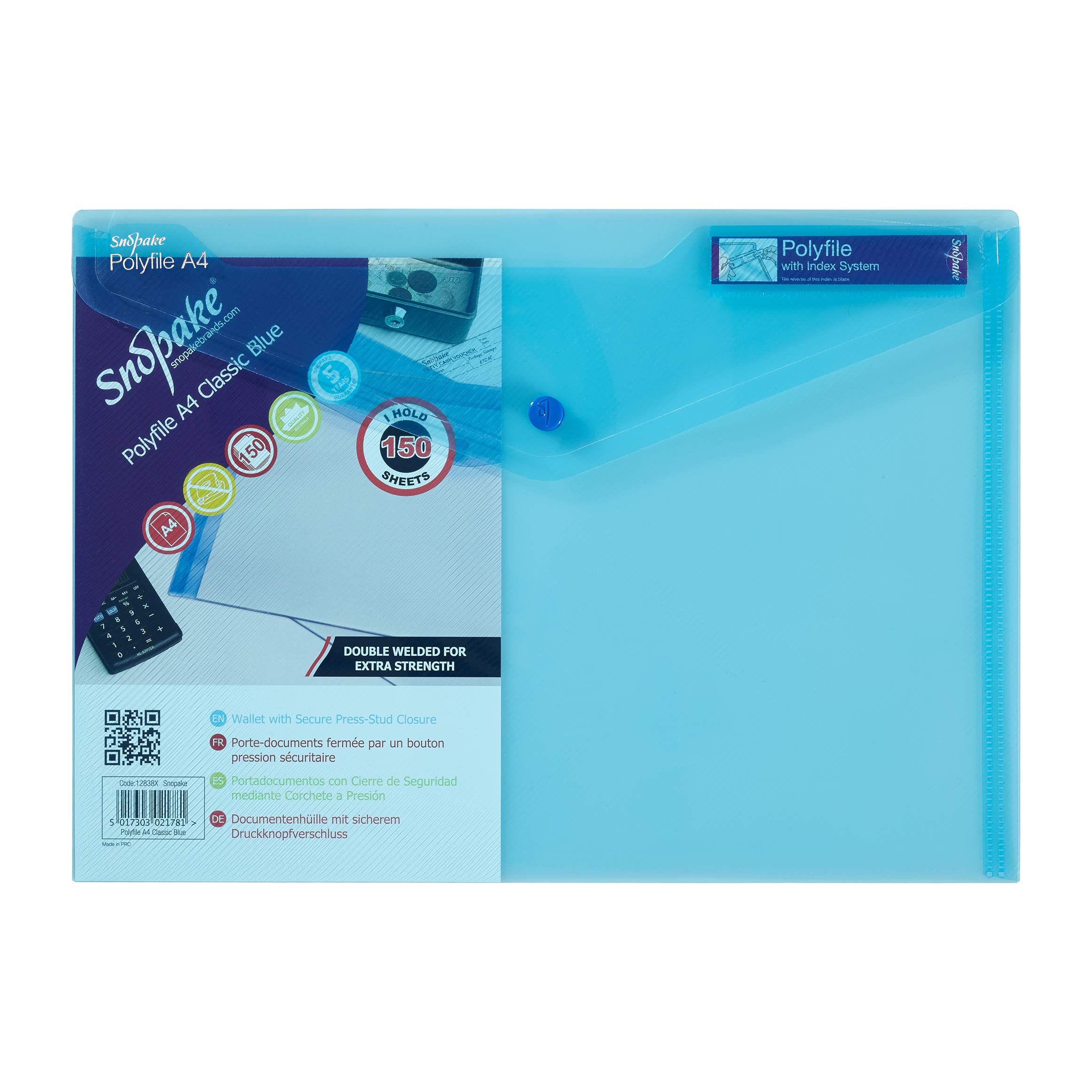 Snopake 12843X Polyfile A4 Popper Wallet File with Press Stud and Index Tab - Classic Assorted Colours (Pack of 5)