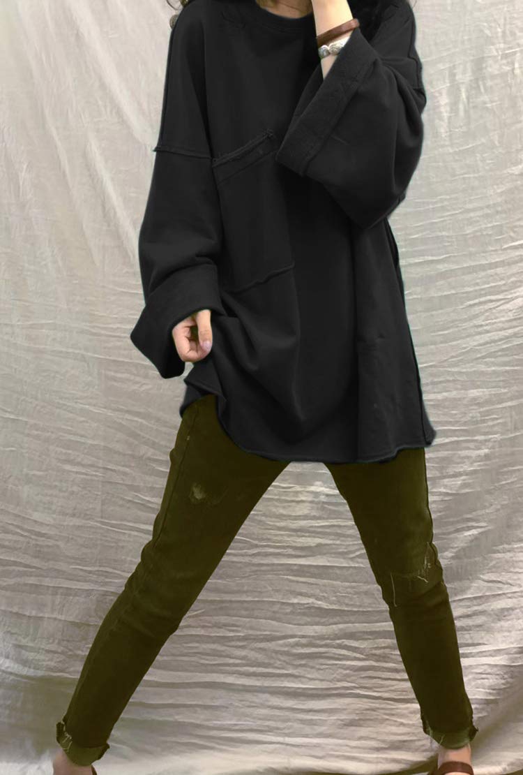 YESNO Women Casual Loose Plain Scoop Neck Plus Size Terry Cotton Sweatshirts Pullover Tops Long Sleeve Roll Hem Pocket TY9