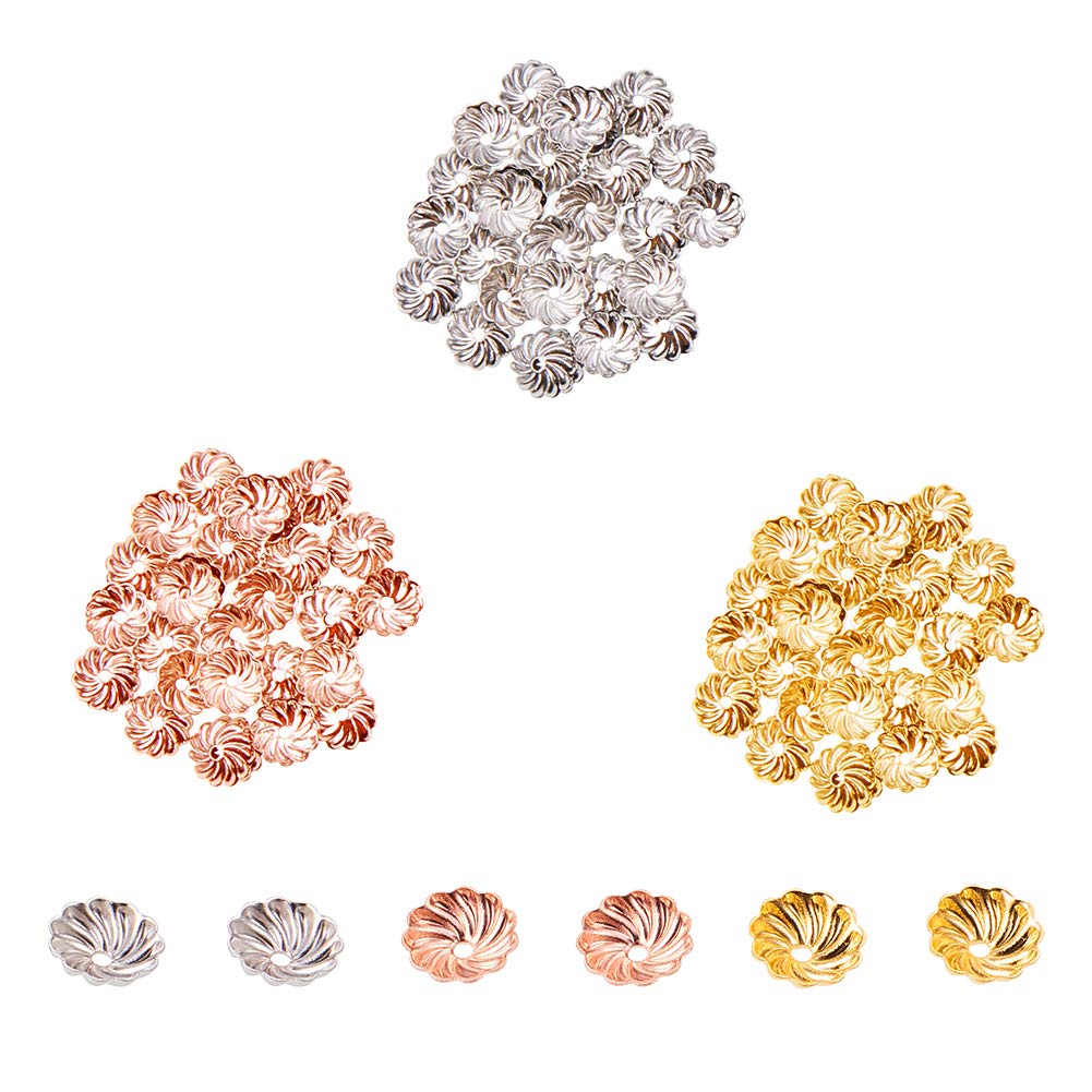 PH PandaHall About 600 Pcs Brass Flower Petal Bead Caps Spacers 7x2mm for Jewelry Making, Golden, Silver and Rose Gold