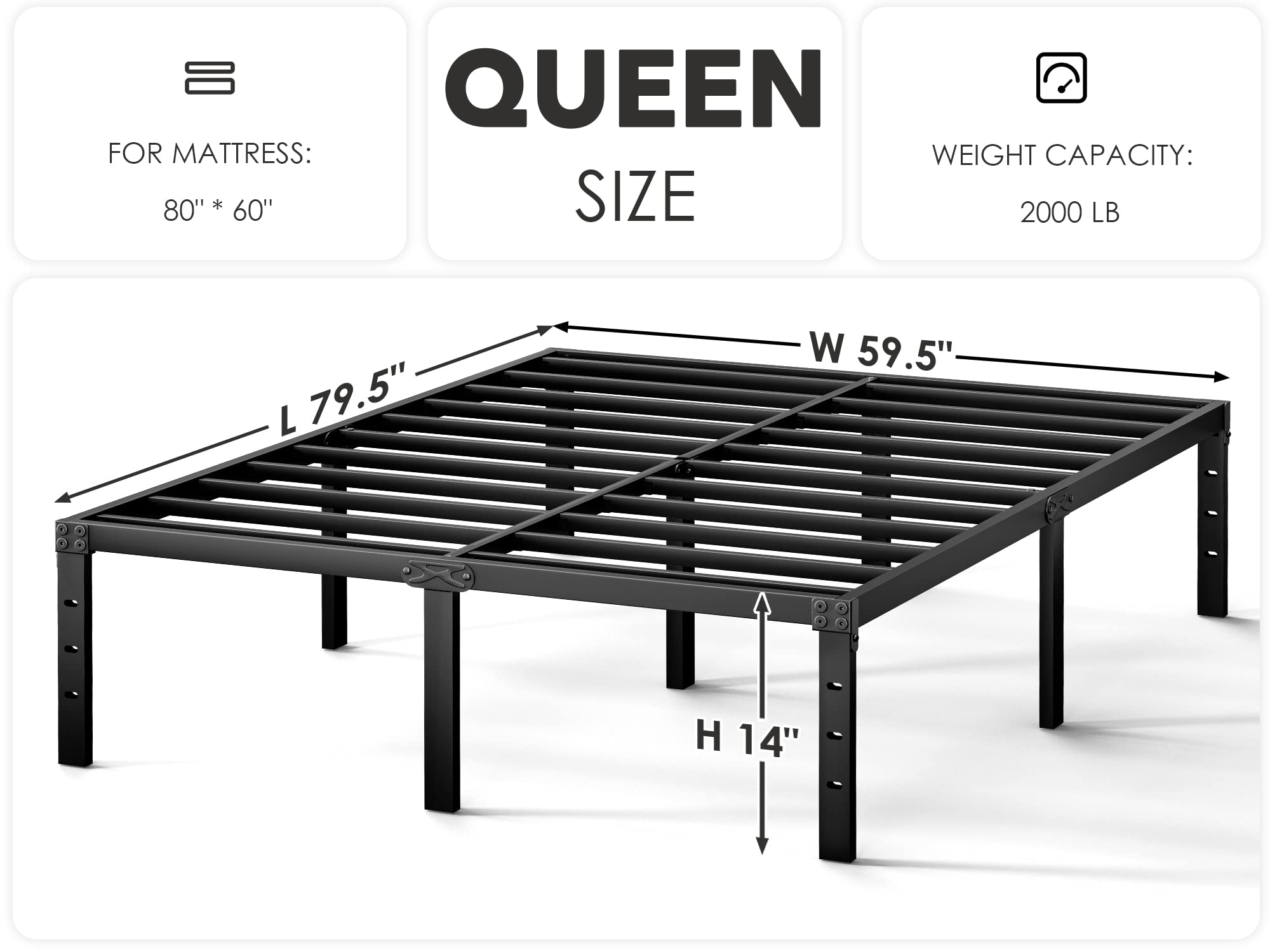 QEROMY Bed Frame No Box Spring Needed, Metal Platform Bed Frame Easy Assembly, Heavy Duty Bed Frame Noise-Free, Black(Queen, 14 INCH)