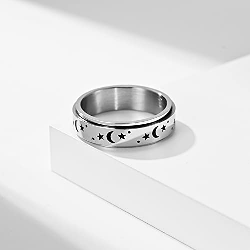 WLPCIV Stainless Steel Spinner Ring for Women Men Fidget Bands Anxiety Rings Relieving Stress Moon Star Engagement Wedding Promise Band Rings, Silver Size 6