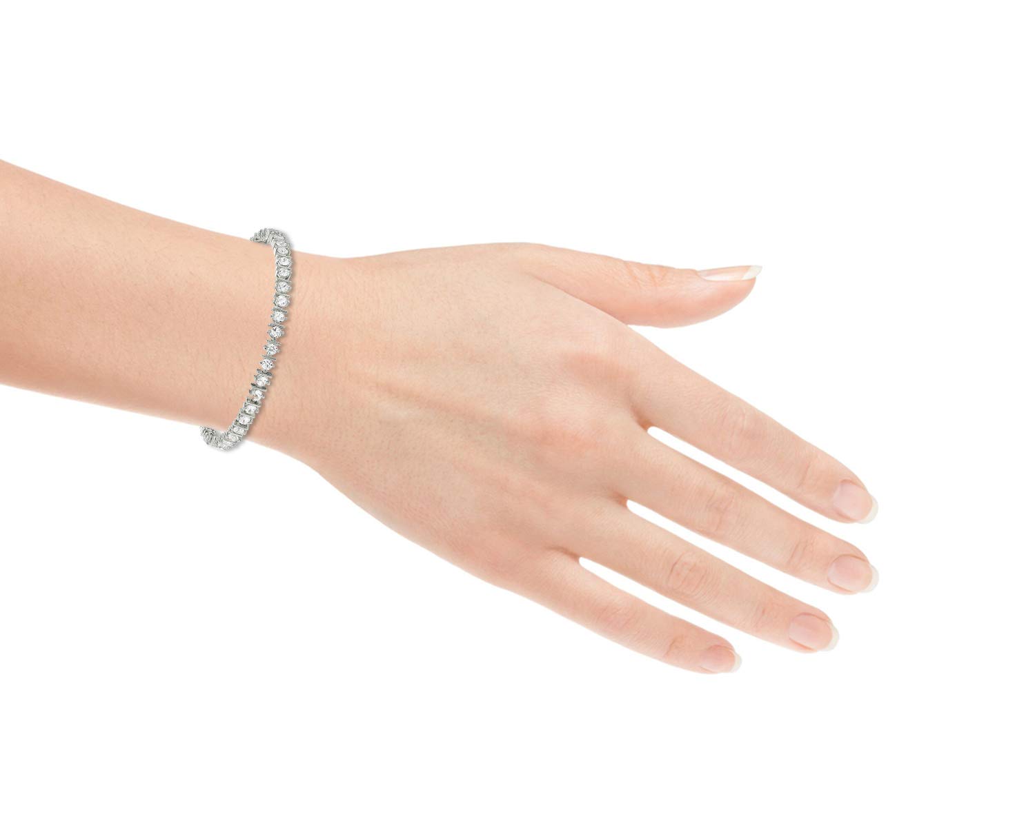 Rhodium Plated Sterling Silver Round Created White Sapphire 3mm Bracelet, 7.25"