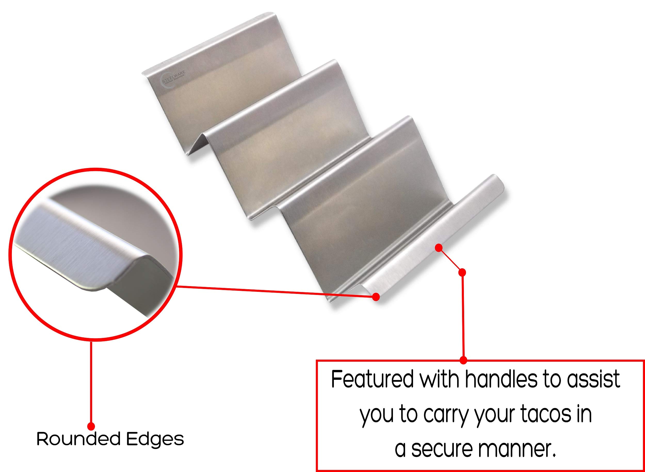 Stainless Steel Taco Holder Stand Set of 4 | Holds 3 Tacos Each | Oven, Dishwasher and Grill Safe.