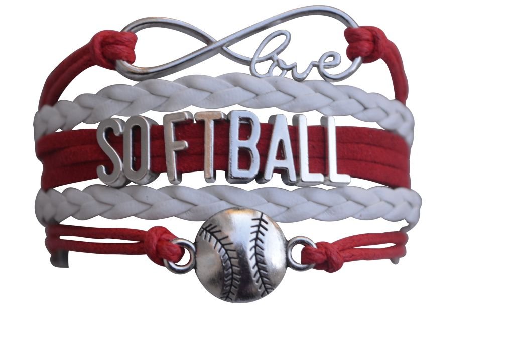 Softball Charm Bracelet (Red/White) Bracelets, Adjustable Bracelet with Softball Charm. Braided Bracelets for Softball Players, Softball Team, and Coaches - by SPORTYBELLA