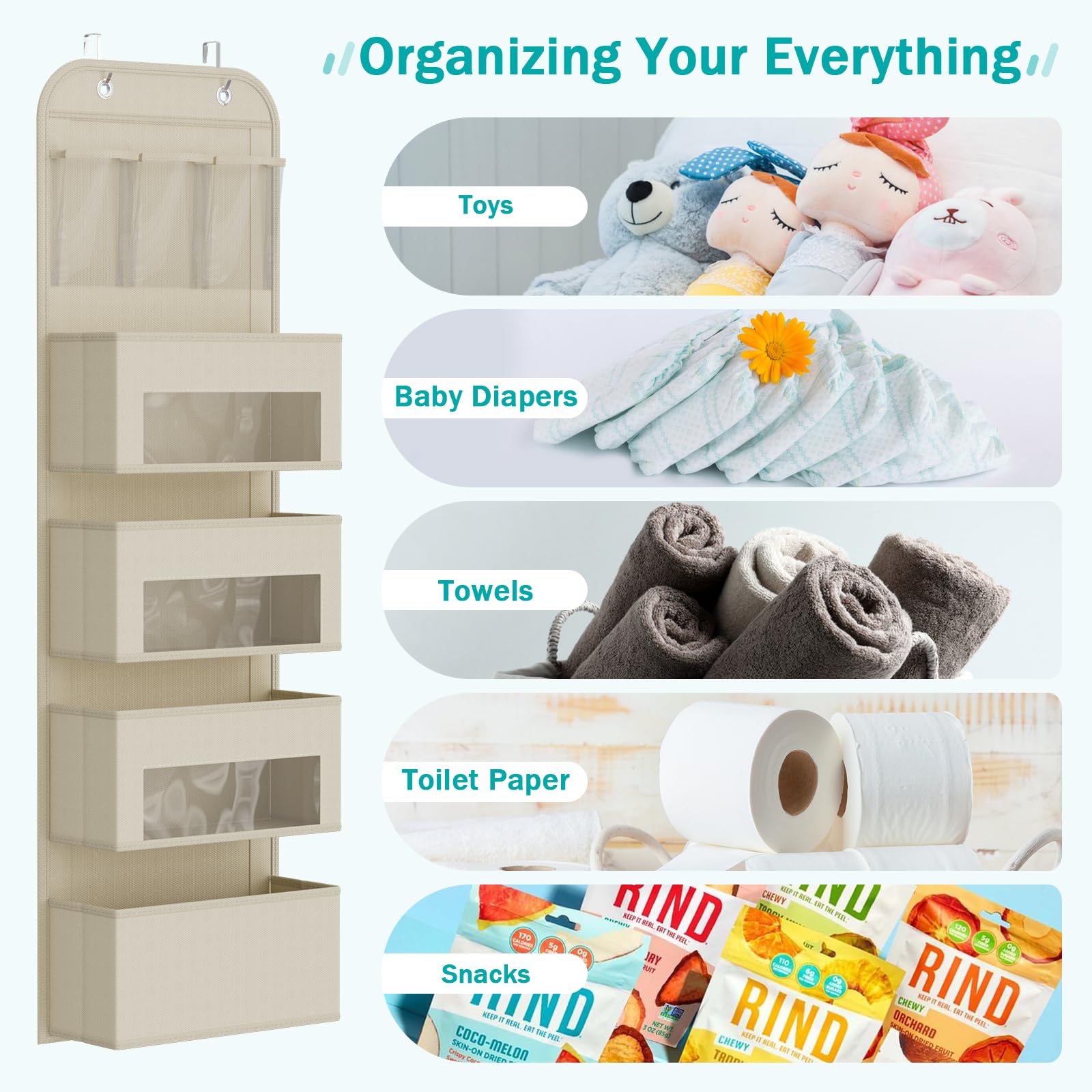 YOUDENOVA Over The Door Organizer, 4-Shelf Door Hanging Organizer, Baby Organizer for Nursery, Beige