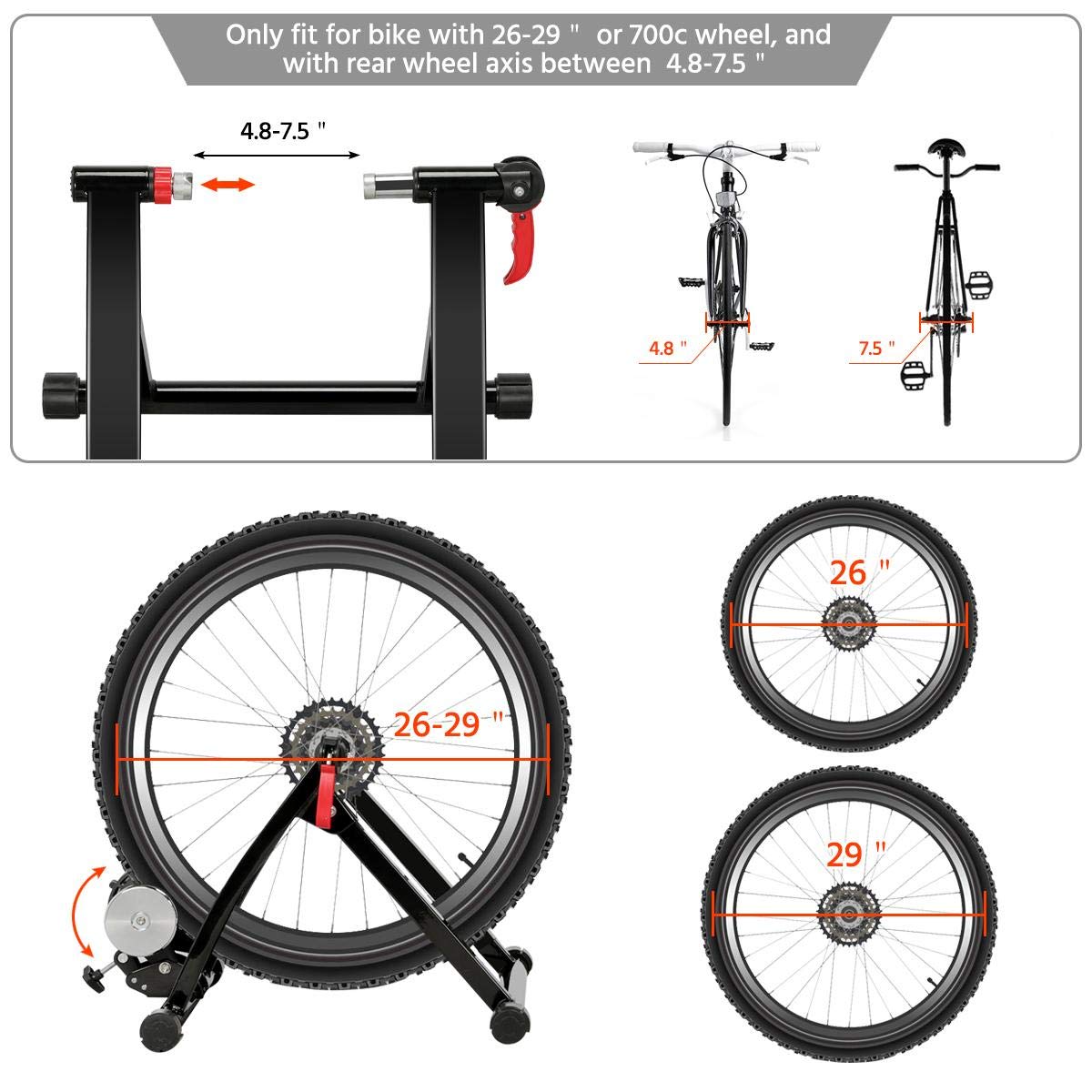 Topeakmart Magnetic Bike Trainer Stand Portable Bicycle Exercise Training Foldable Indoor Cycling Trainer w/Quick Release & Front Wheel Riser Block