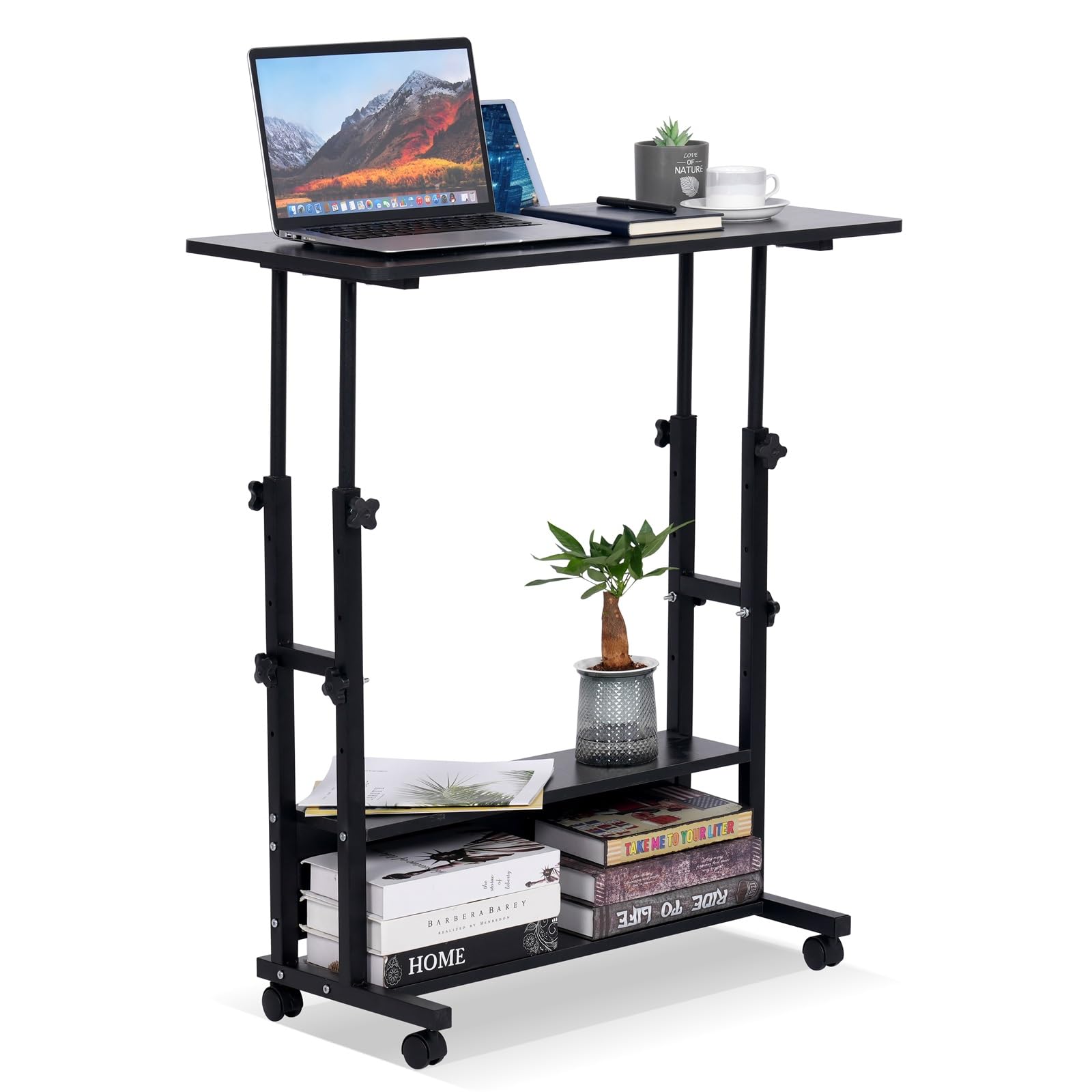 Small Standing Desk Adjustable Height, Mobile Stand Up Desk with Wheels, 32 Inch Portable Rolling Desk Small Computer Desk, Portable Laptop Desk Standing Table Sit Stand Home Office Desks Black