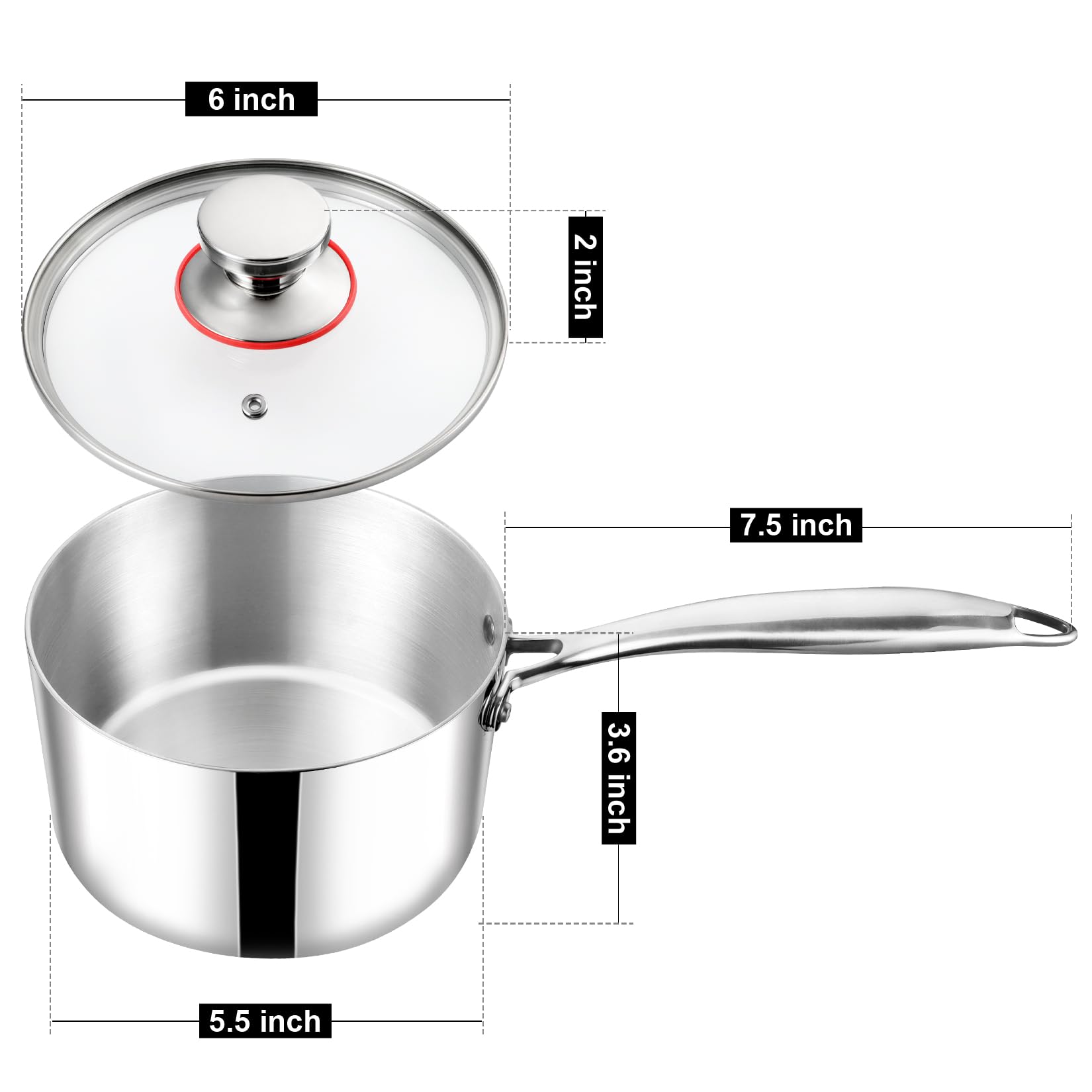 TeamFar 1qt Saucepan with Lid, Stainless Steel Tri-ply Small Cooking Pot Sauce Milk Pan with Ergonomic Handle, for Induction/Gas/Electric/Ceramic, Healthy & Heavy Duty, Dishwasher Safe