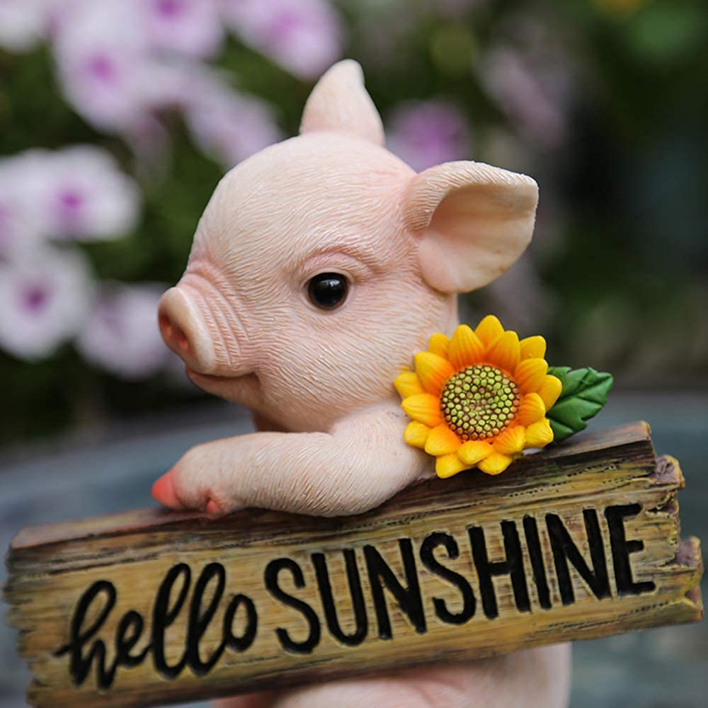 starbluegarden Amusing Pig with Sunflower Hello Sunshine Statue Figurine Ornament Fairy Garden Decor for Bookshelf Flowerpot Collection