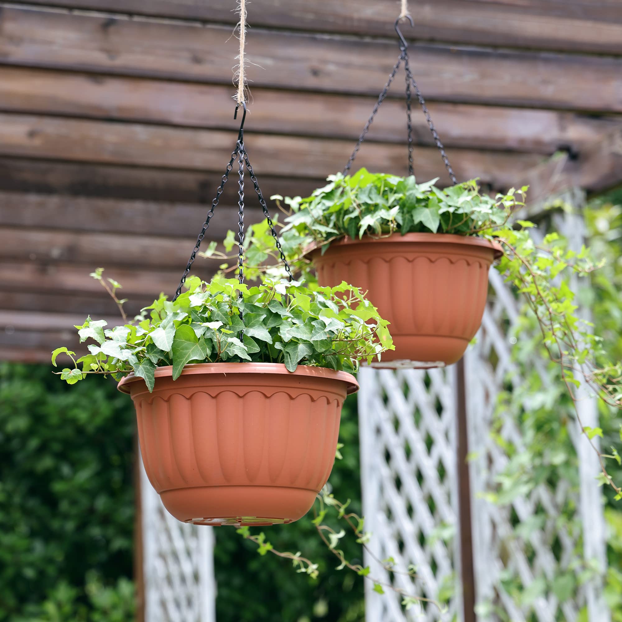 YIKUSH Hanging Planter for Indoor and Outdoor Plants 2 Pack 12inch Flower Pot Plastic Plant Pot with Drainage Hole and Absorbing Tray(Terracotta,with 3 Hooks)