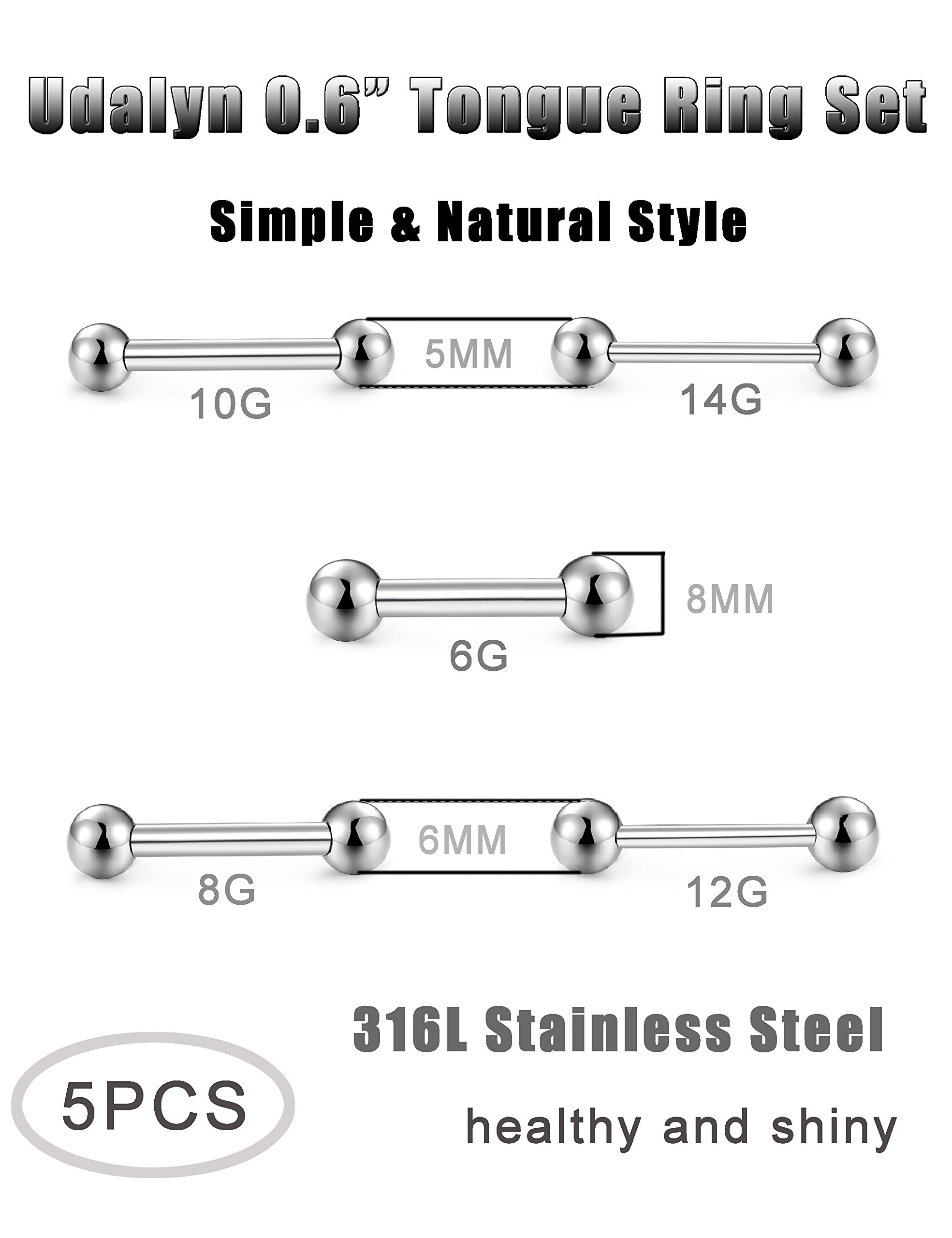 Udalyn 5Pcs Stainless Steel Tongue Ring Internally Threaded Straight Body Piercing Set 6-14G