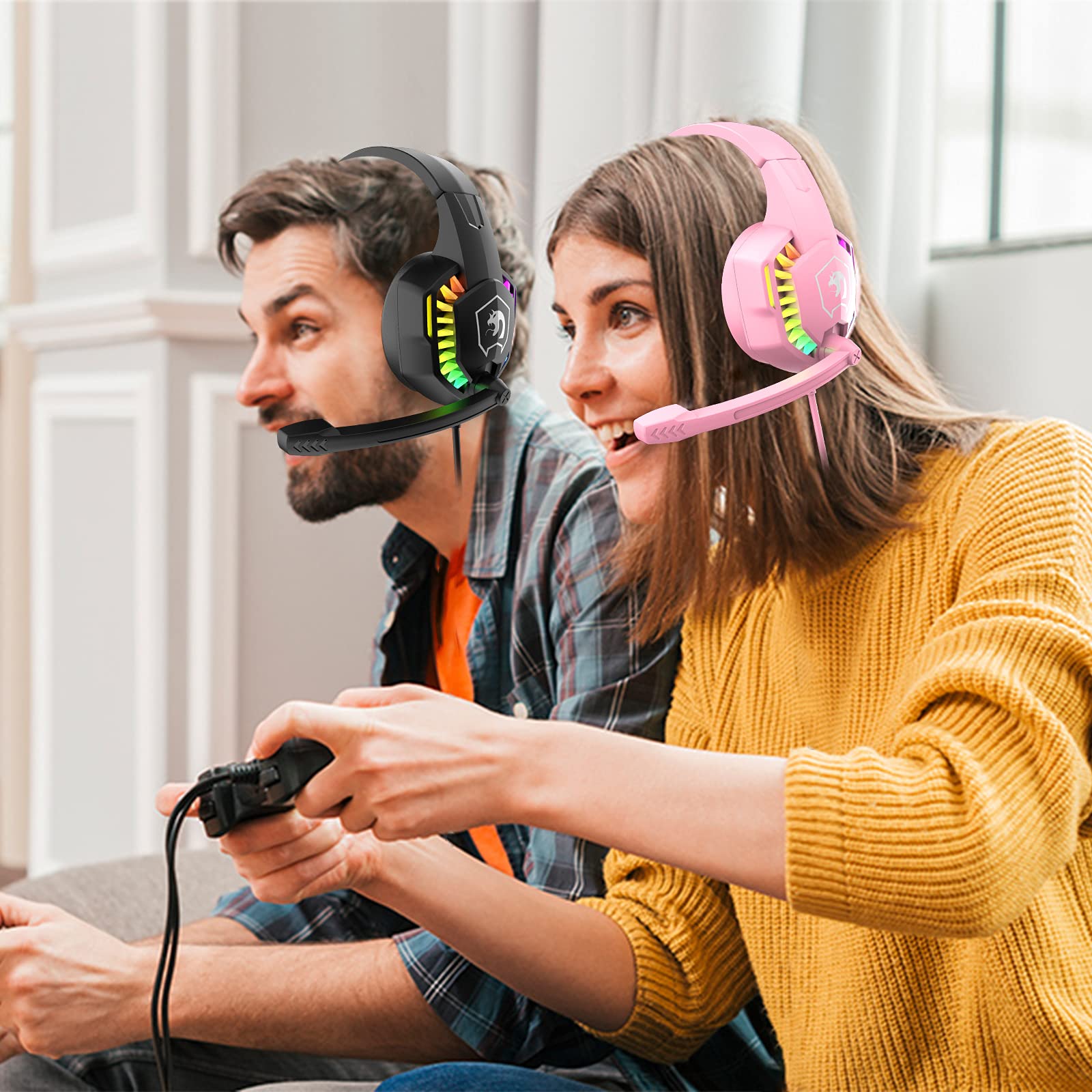 Wired Gaming Headset with Rainbow RGB Backlight Retractable Noise Isolating Microphone Stereo Sound Deep Bass Memory Foam Earmuff Over Ear Headphone for PS4 Xbox One Switch PC Mac Gamer Music (Black)