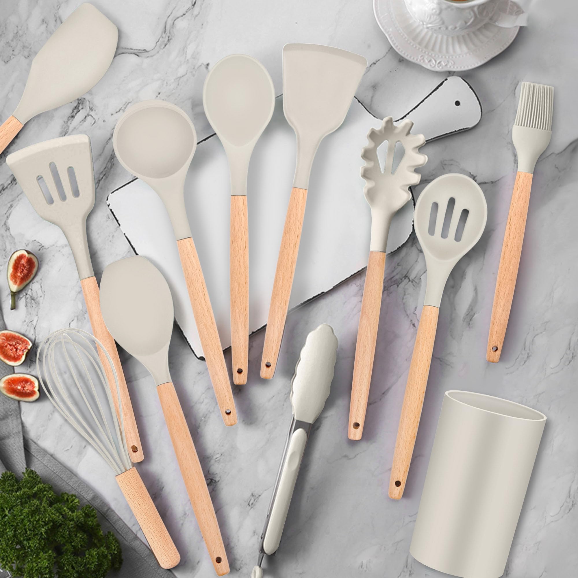 TeamFar 12Pcs Kitchen Cooking Utensils Set, Silicone Kitchen Gadgets Utensil Set for Nonstick Cookware with Wooden Handle, Spatula Spoon Turner, Non-Toxic & Non-Stick, Heat-Resistant, Black