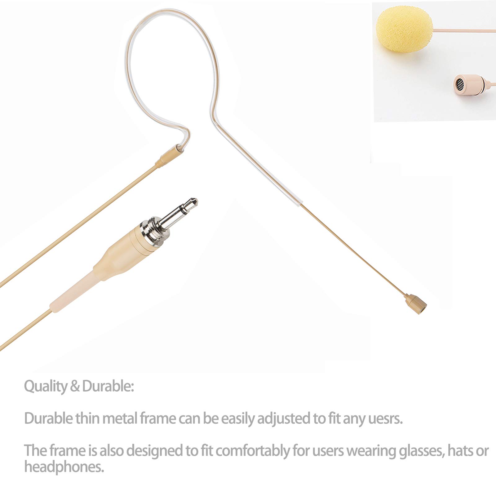 Sujeetec Headset Headworn Microphone - 3.5mm Thread Screw Lock Head Microphone for Wireless System & Body/Belt Pack Transmitter β Beige Single Earhook Omnidirectional Headset Head Mic