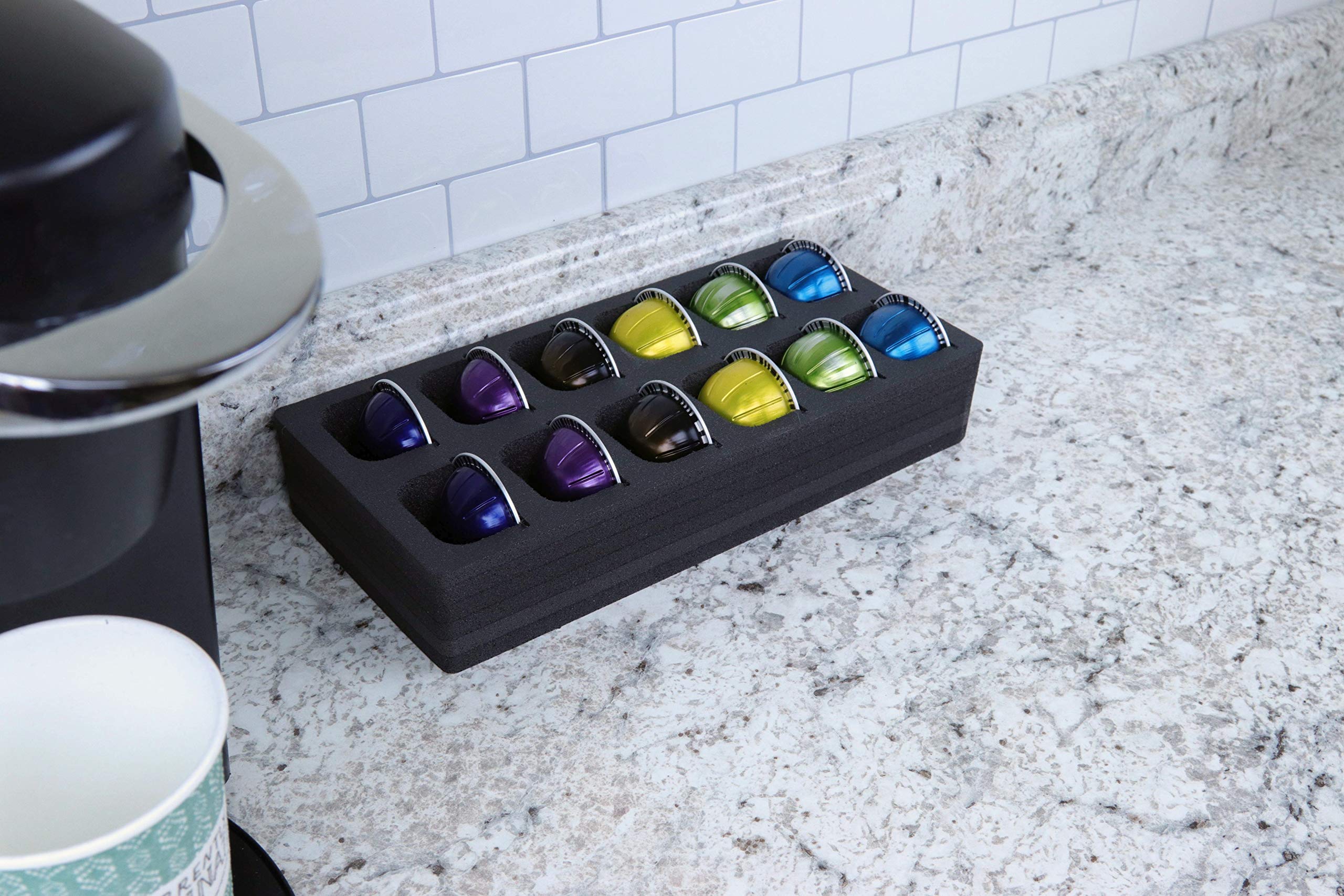 Polar Whale Coffee Espresso Capsule Drawer Organizer Tray Insert Compatible with Nespresso Vertuo VertuoLine for Kitchen Home Office Waterproof Washable Black Foam 12 Compartment 5.5 X 11.75 Inches