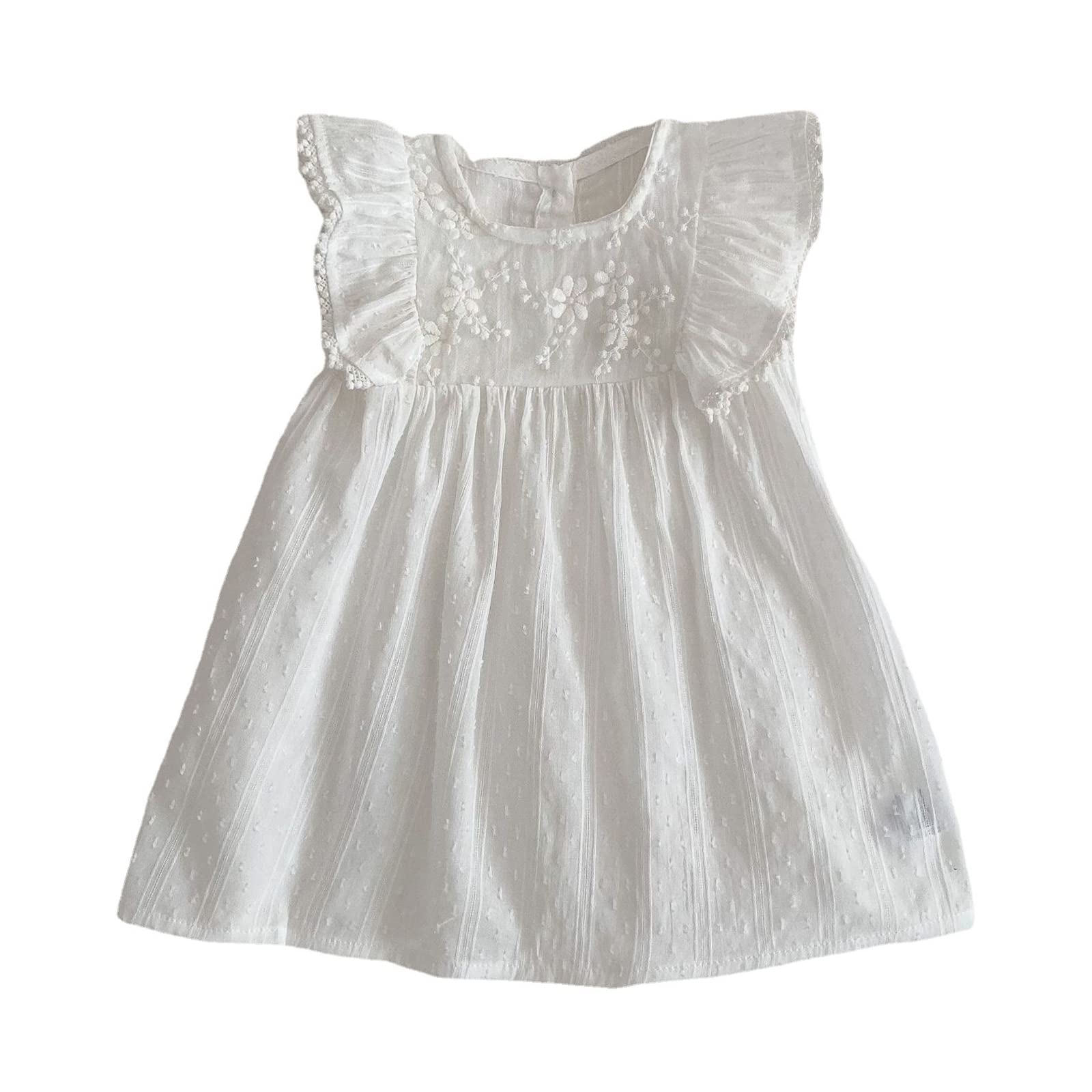 Toddler Girls Summer Dress Cotton Patterned Lace Ruffle Sleeve Pricess Dress White 2-3T
