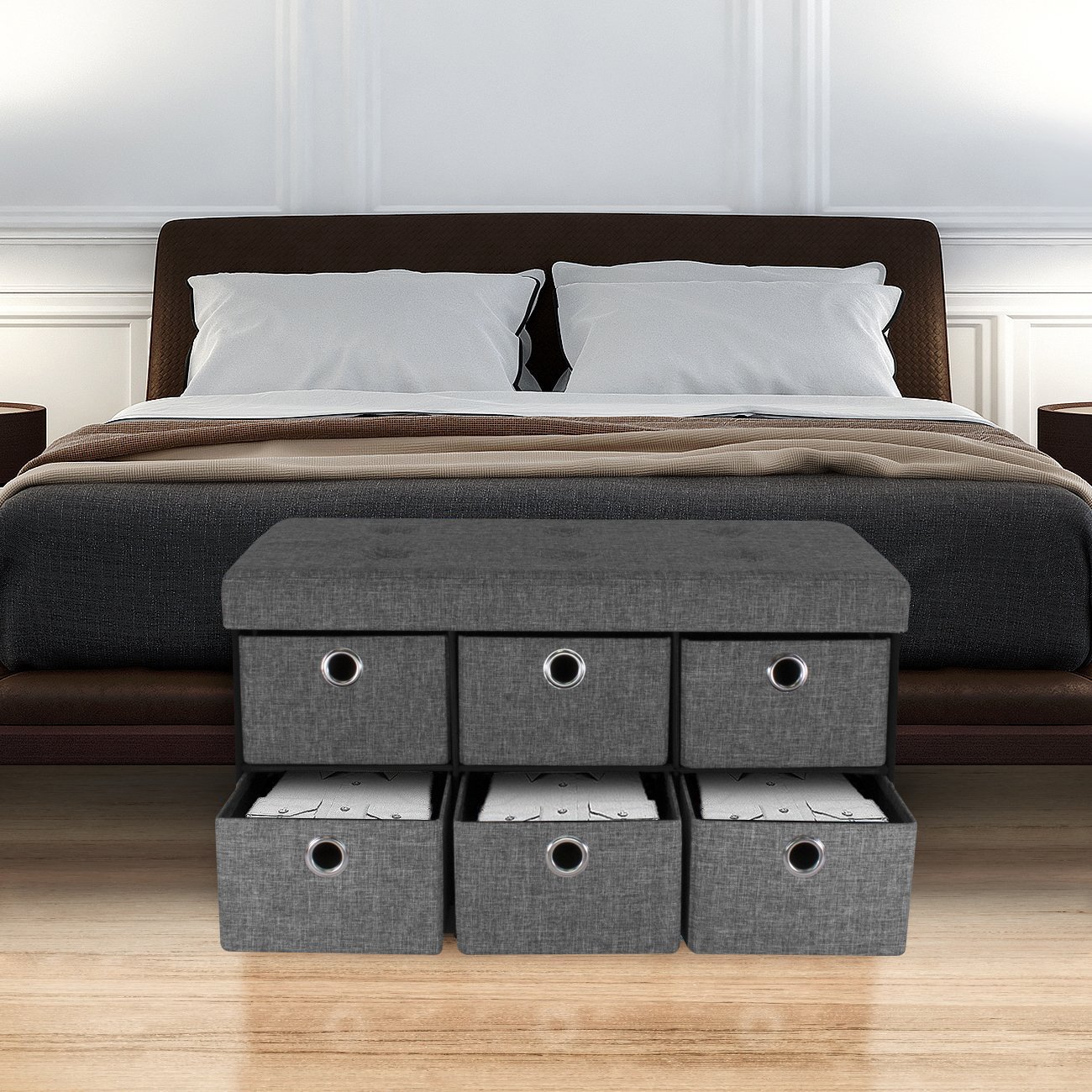Sorbus Storage Bench Chest with Drawers – Collapsible Folding Bench Ottoman Includes Cover – Perfect for Entryway, Bedroom Bench, Cubby Drawer Footstool, Hope Chest, Faux Linen (Gray)