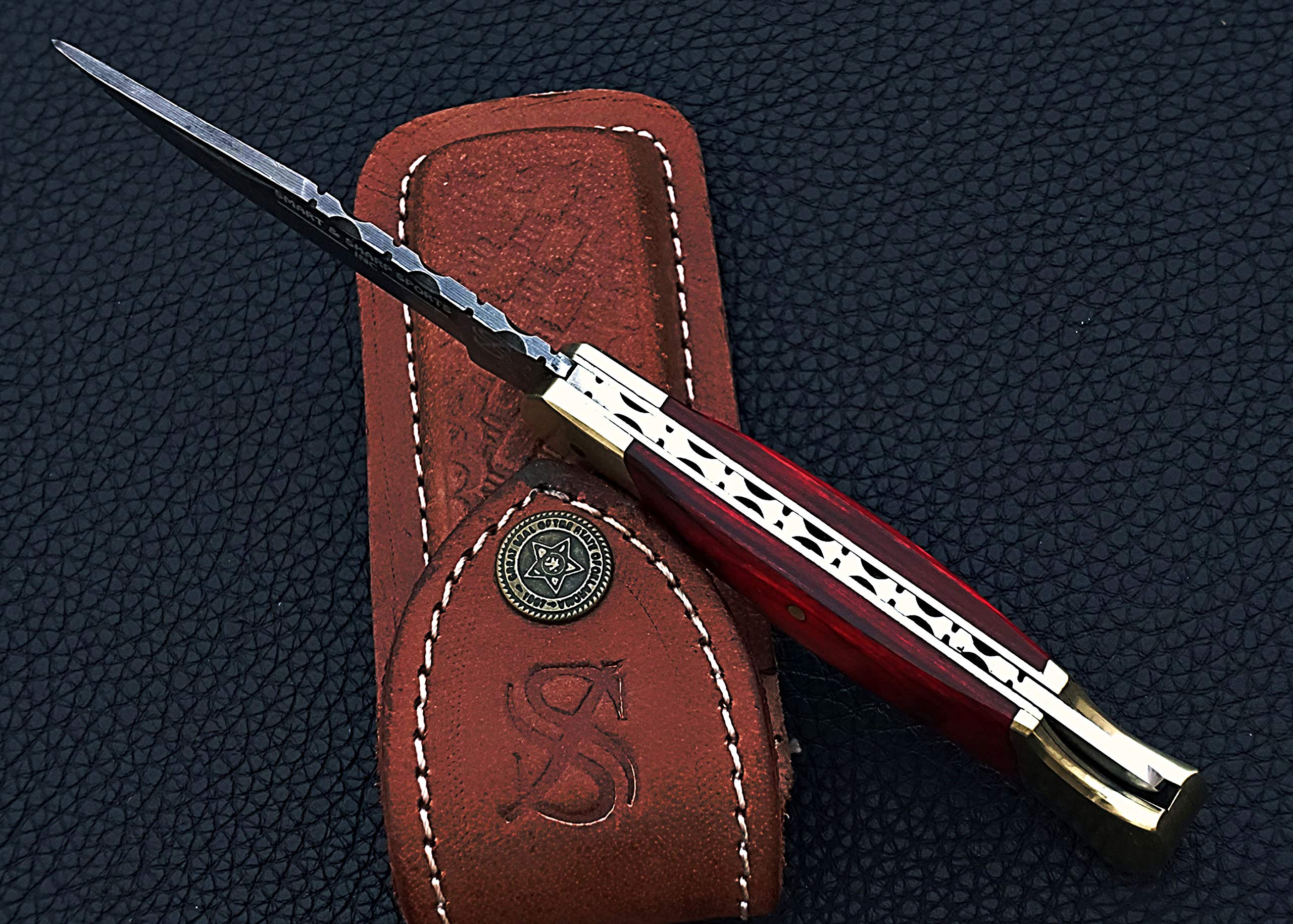 Smart & Sharp Custom Handmade Damascus Steel Folding Knife/Pocket Knife AR-17394 (Red Colored wood) (Red)