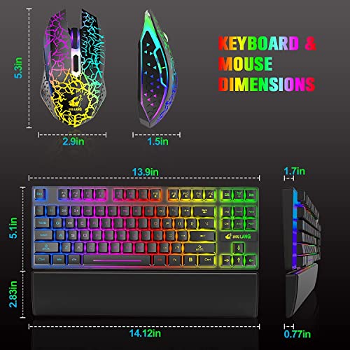 Wireless Gaming Keyboard Mouse and Wrist Rest Set with 87 Key Rainbow Backlight Rechargeable 3800mAh Battery Mechanical Feel Anti-ghosting Ergonomic Waterproof Mute Mice for PC Mac Gamer (Black Mix)