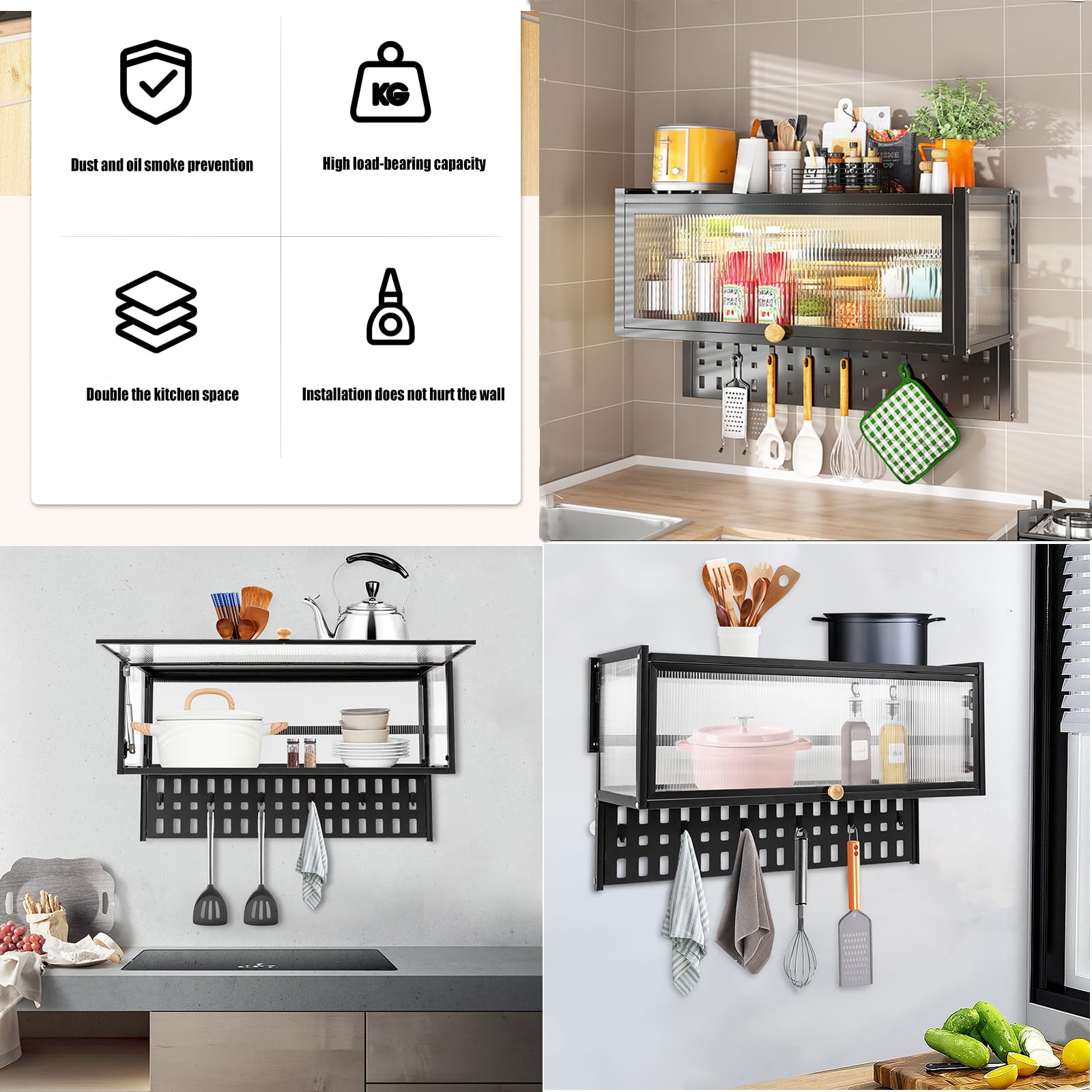 Wall Kitchen Cabinets, Metal Wall Cabinet, Aluminum Alloy Translucent Wall Cabinet with Plus Five Hooks, Flip-Up Glass Door Wall Cabinet Wall-Mounted Locker, (55lbs Capacity, 33.5*11*11.8in)