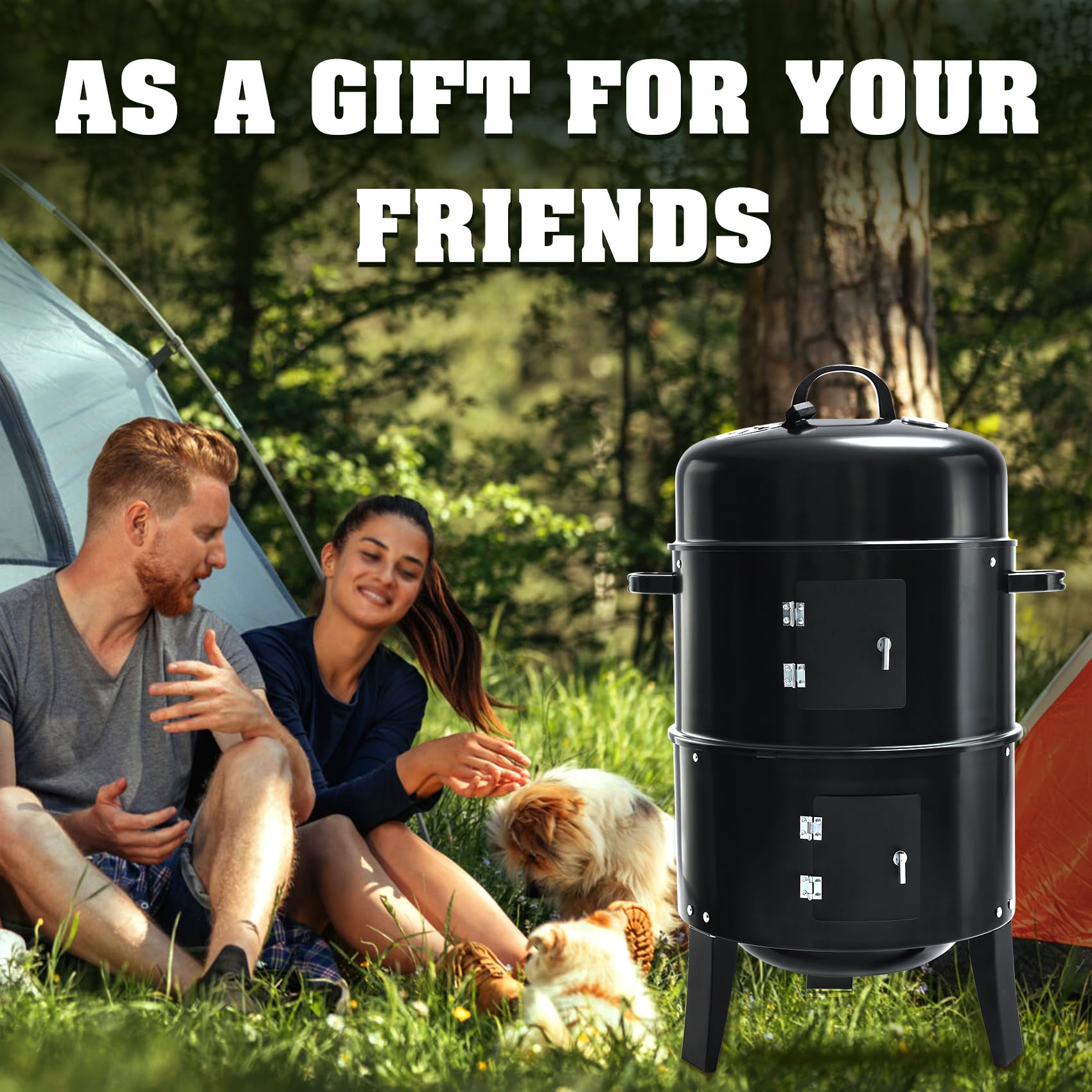 TENGCHANG 32" Charcoal Smoker BBQ Grill, 3IN1 Outdoor Vertical Smoke Portable Meat Cooker, Black
