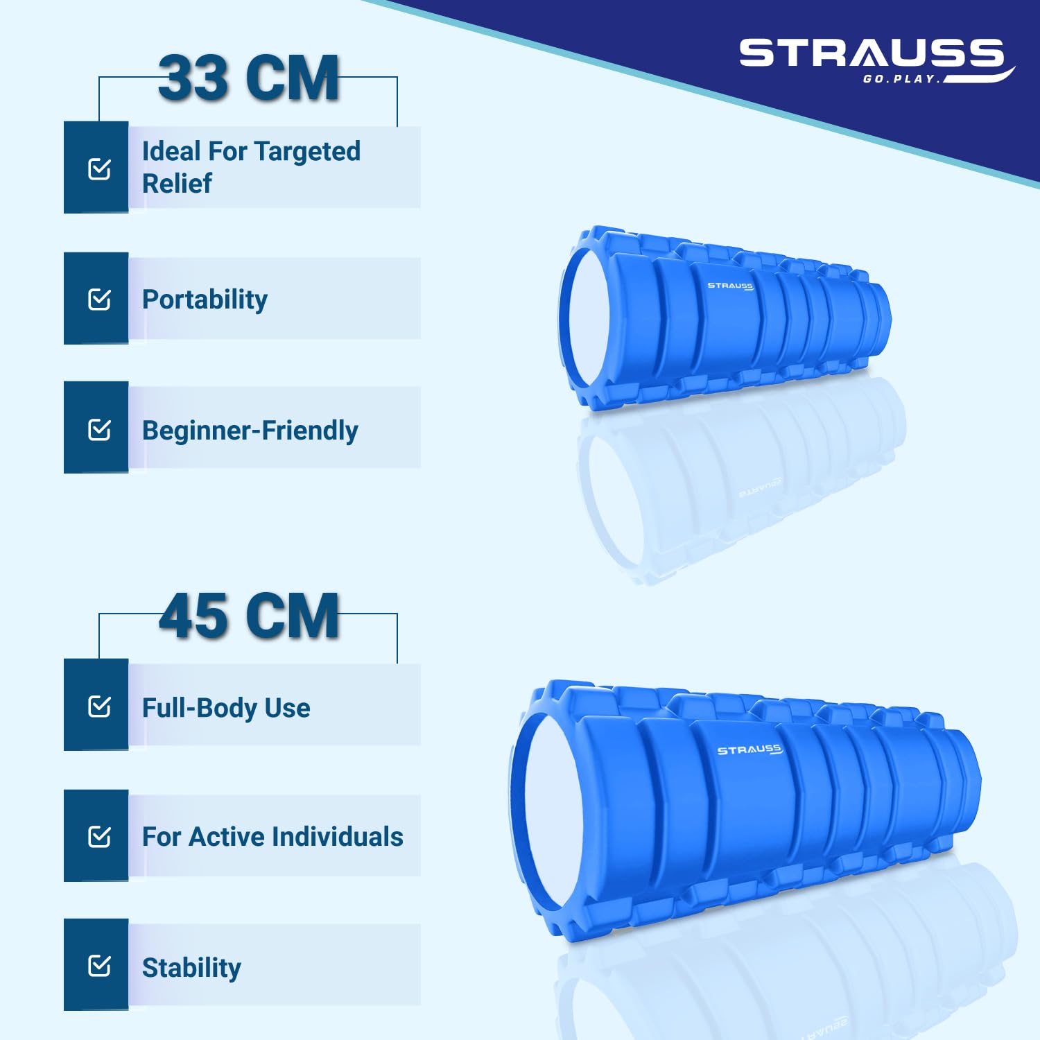 STRAUSS Deep Tissue Massage Foam Roller, 45 cm, (Blue)